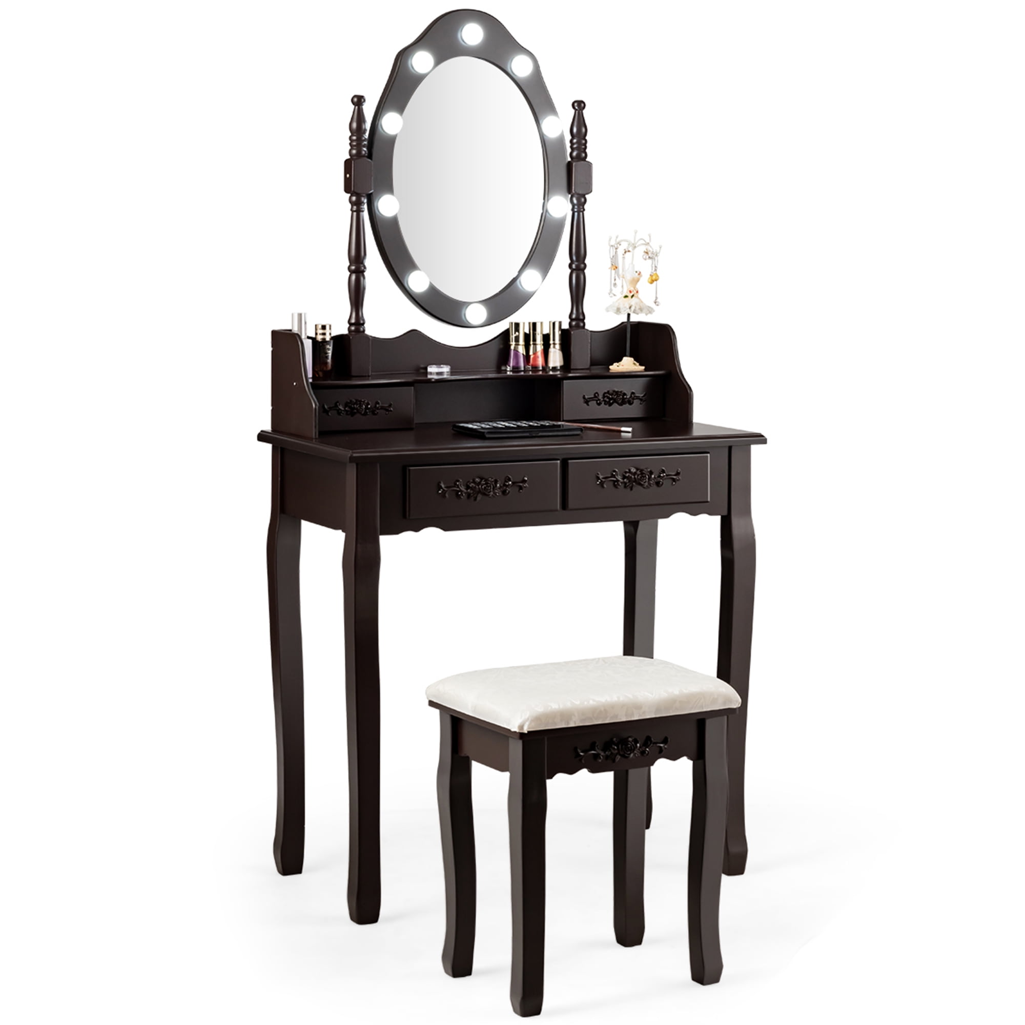 Gymax Makeup Vanity Dressing Table Set w/10 Dimmable Bulbs Cushioned ...