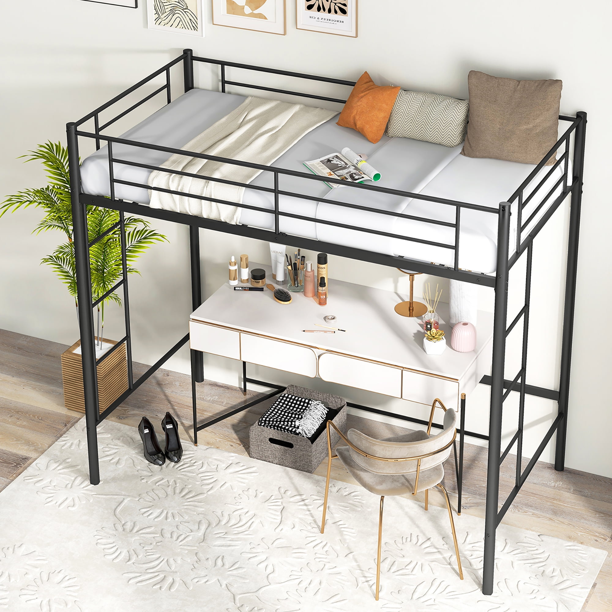 Gymax Metal Twin Loft Bed Space-saving Loft Bed Frame w/ Full-length ...