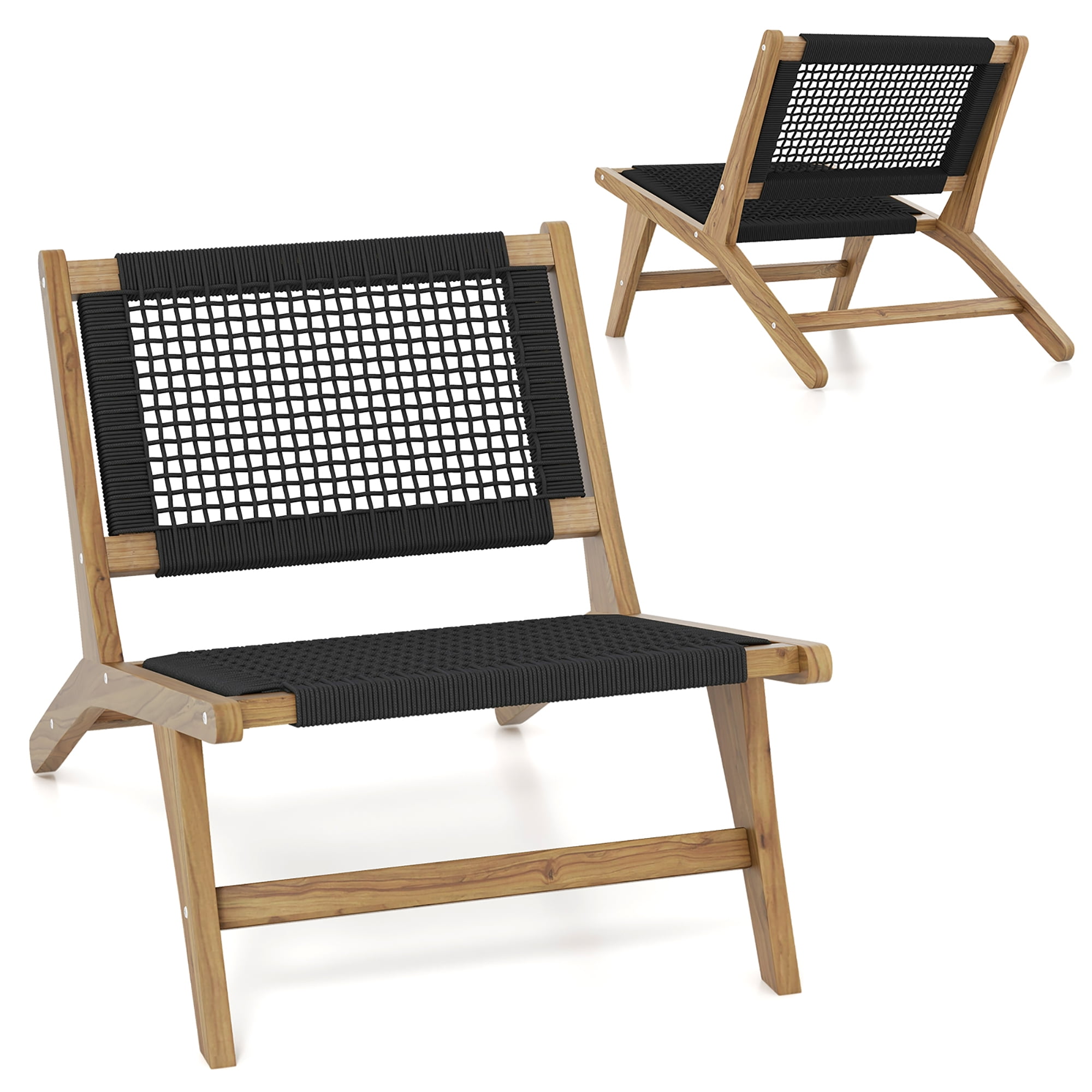 Gymax Mid Century Modern Teak Wooden w/ Handwoven Cordage Seat ...