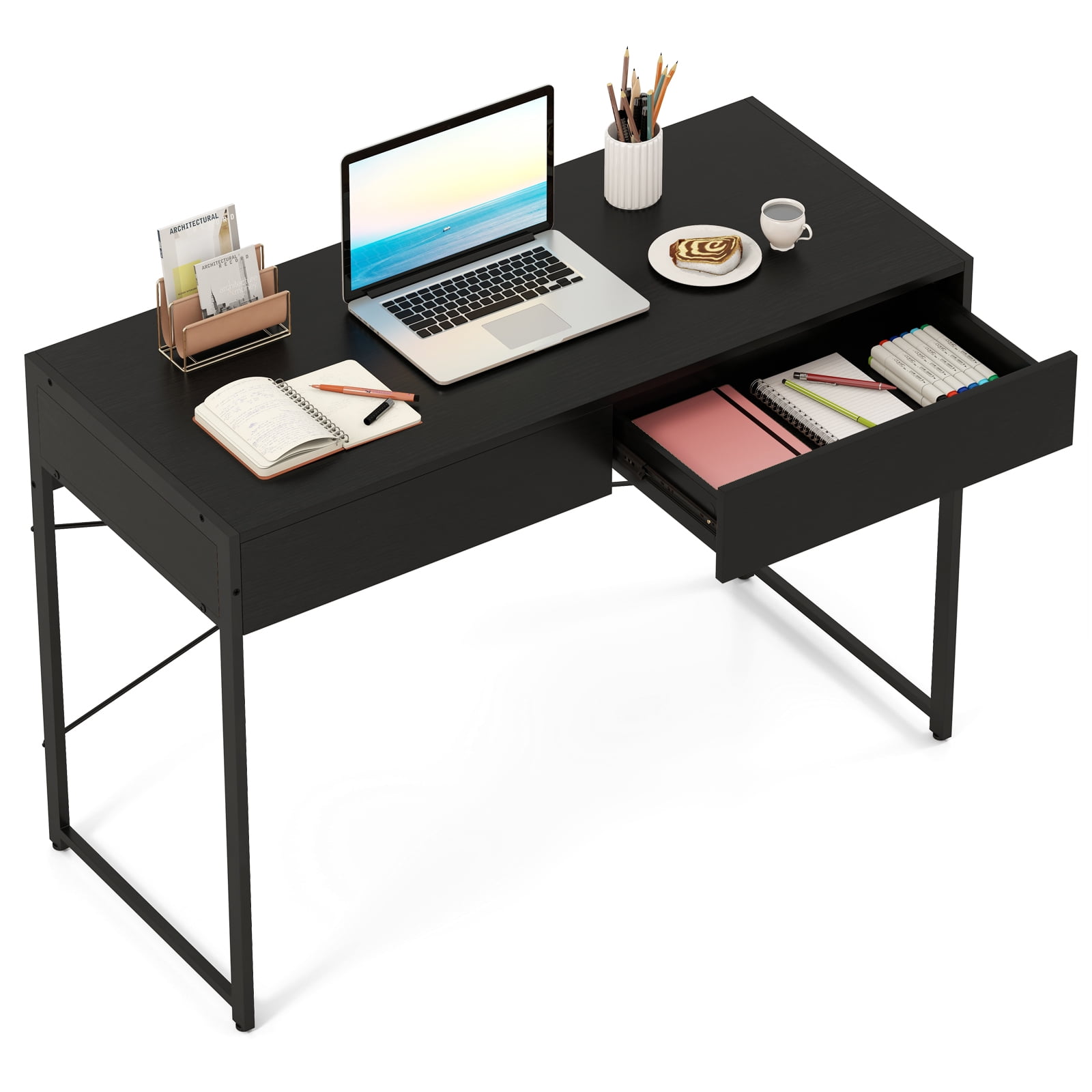Gymax Modern 2-Drawer Computer Desk w/ Reinforced Heavy-Duty Metal ...