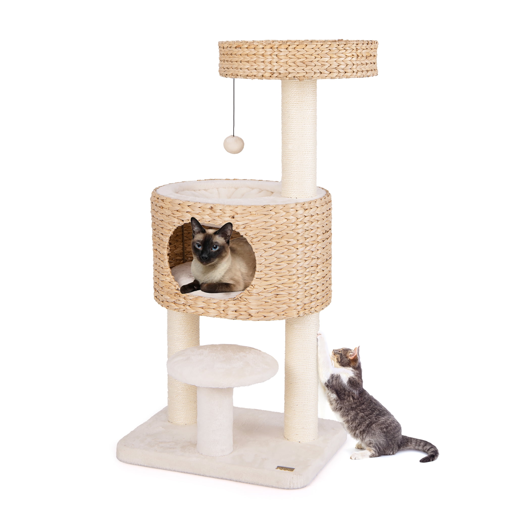 Gymax Modern Cat Tree w/Top Perch Cattail Fluff Condo Cozy Nest Sisal ...