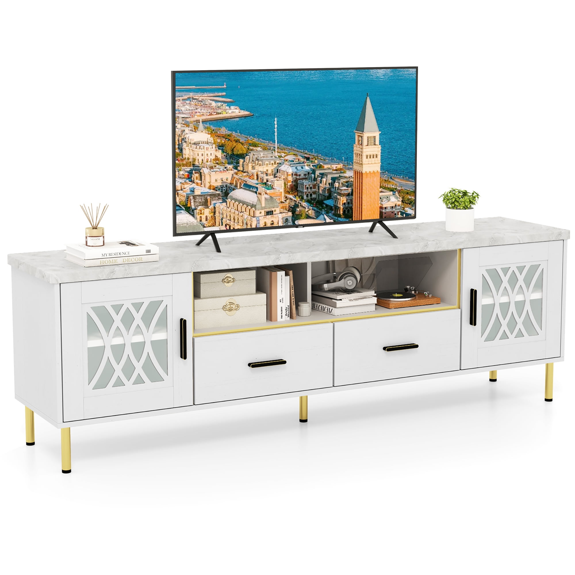 Gymax Modern Faux Marble Entertainment Center 71-Inch TV Stand for 80 ...