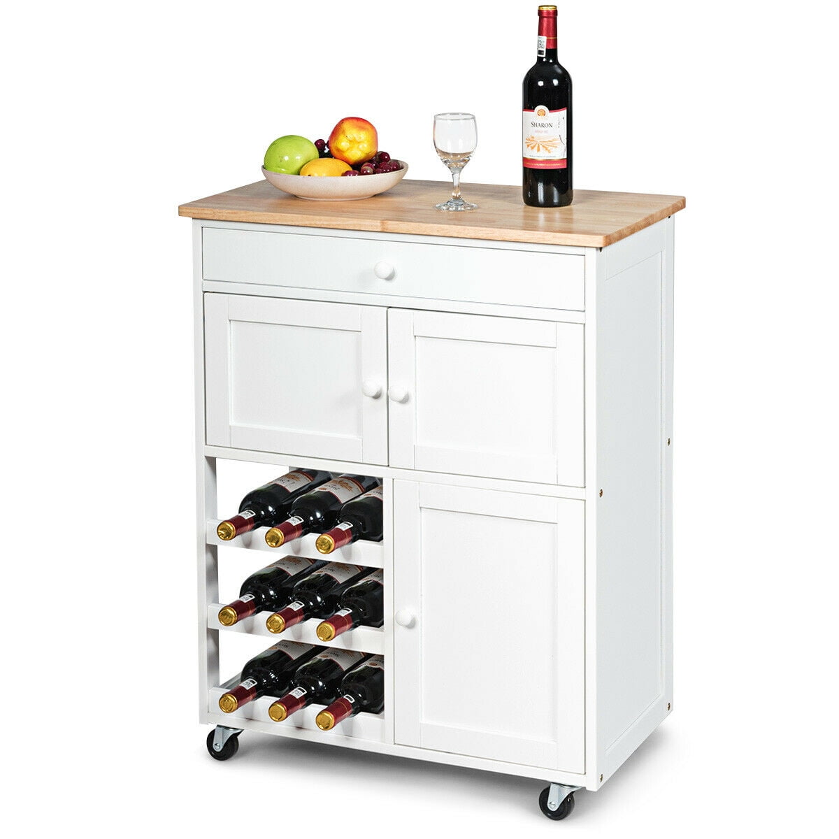 Gymax Modern Kitchen Cart Trolley with Drawer, Doors, Wheels, and Wood ...