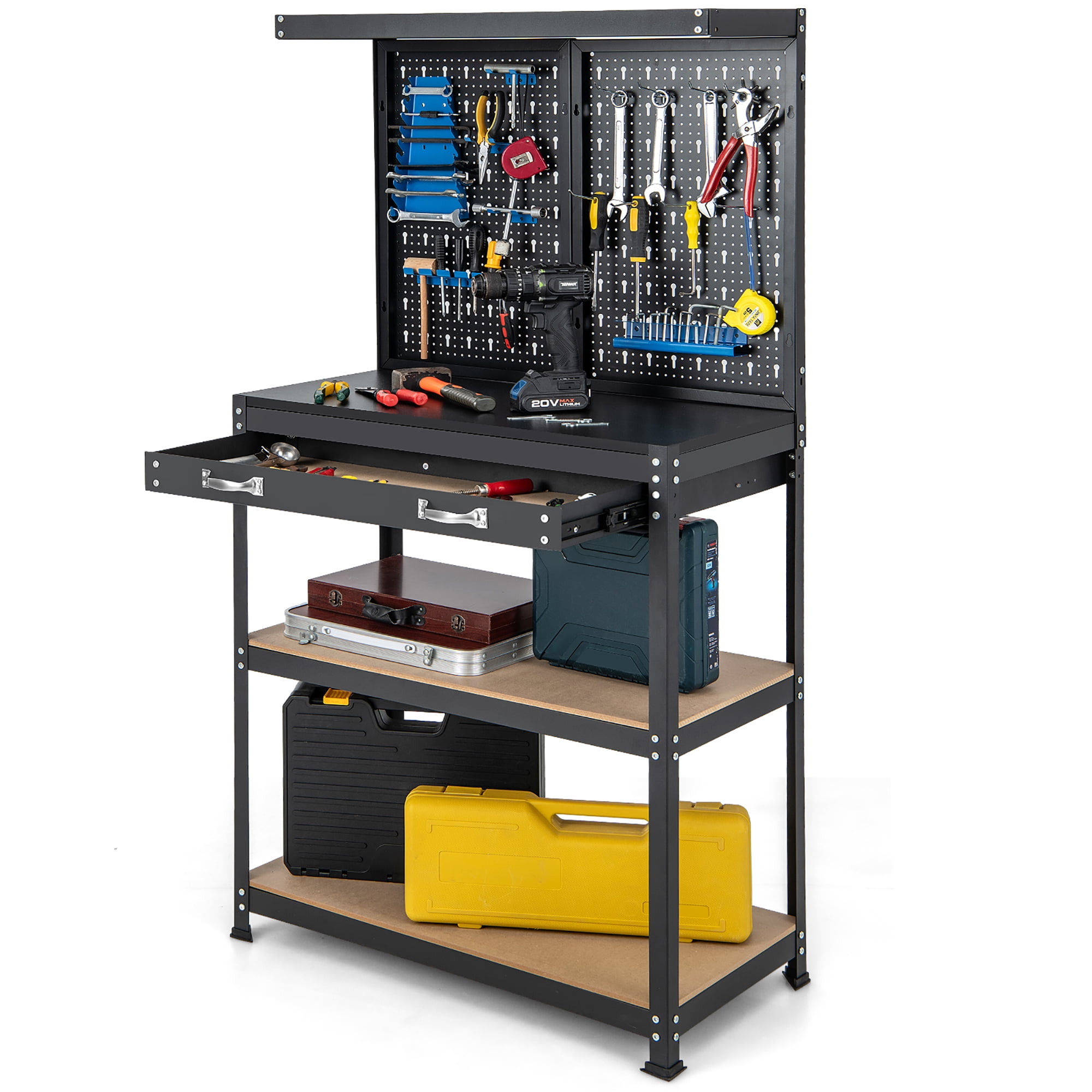 Gymax Multi-use Workbench w/ 2 Shelves Heavy-Duty Work Table Tool ...