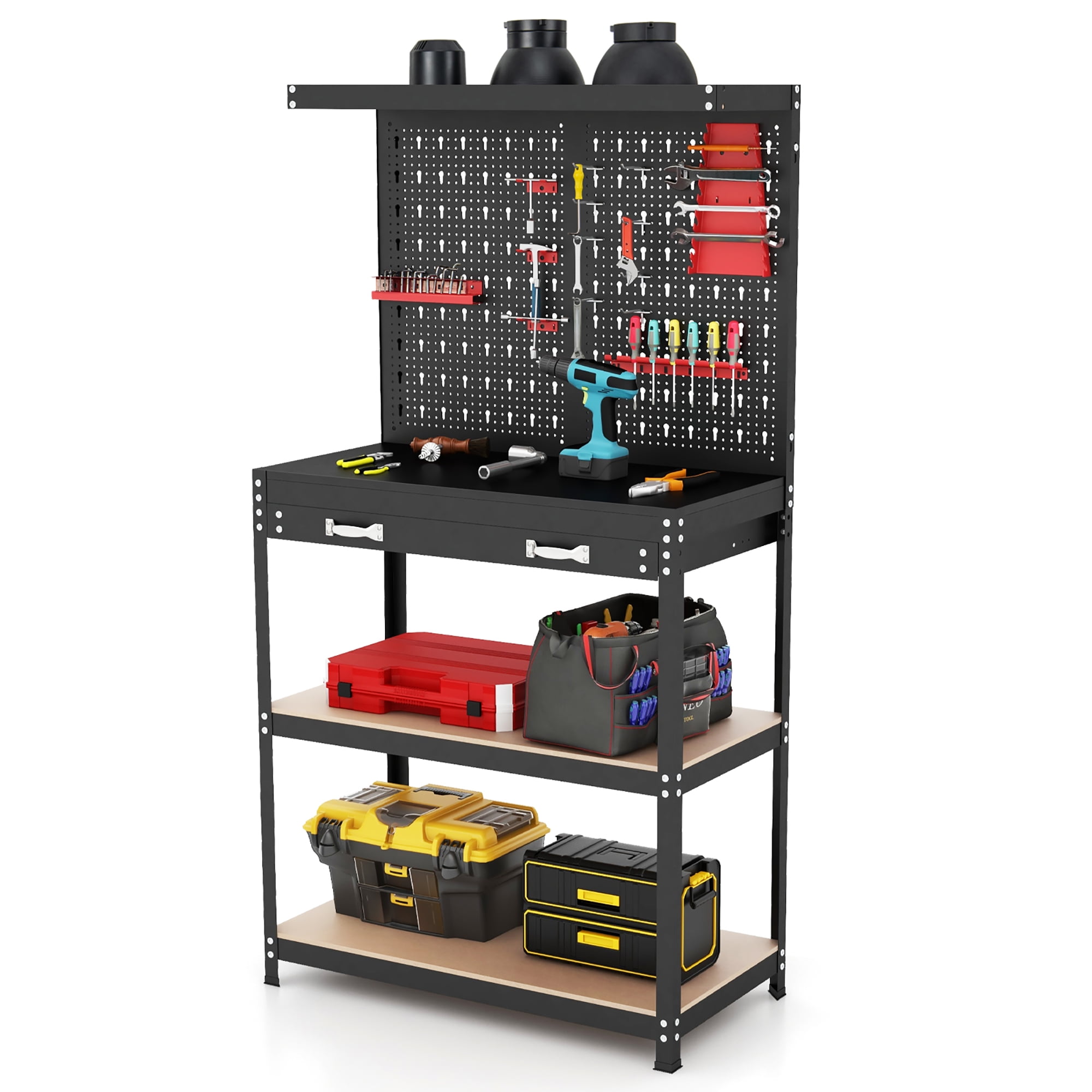 Gymax Large Metal Garage Multipurpose Workbench with 2 Shelves, Heavy ...