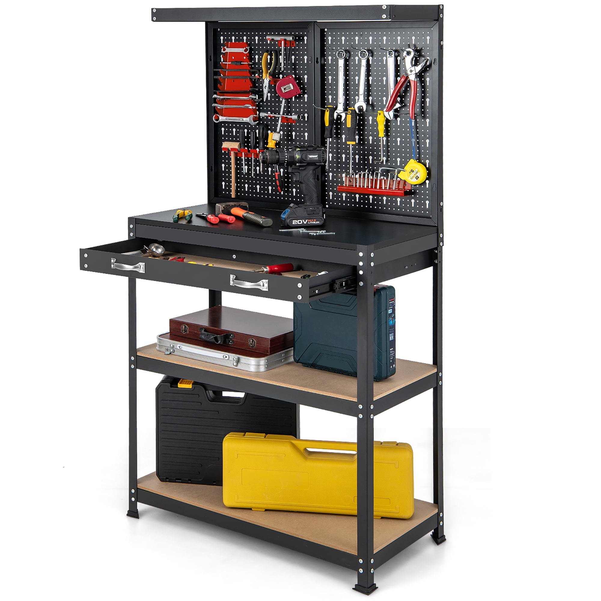 Gymax Large Metal Garage Multipurpose Workbench with 2 Shelves, Heavy ...