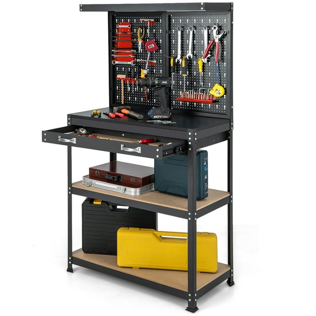Gymax Large Metal Garage Multipurpose Workbench with 2 Shelves, Heavy ...