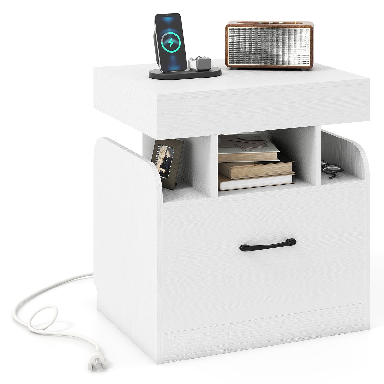 Gymax Nightstand w/ Charging Station Drawer & Sliding Top Storage Tray ...