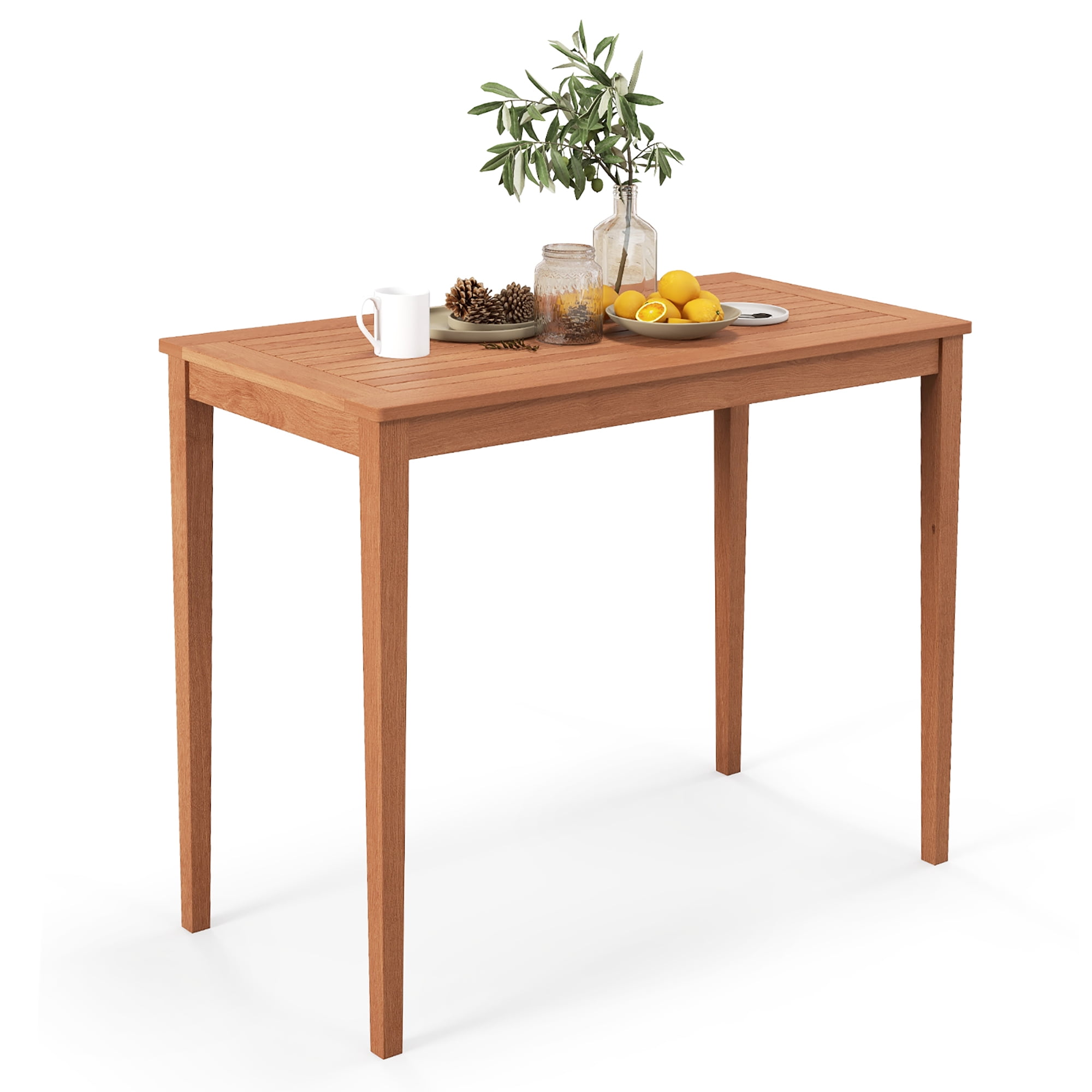 Gymax Outdoor Eucalyptus Wood Bar Table Outdoor Bar Height Dining Table ...