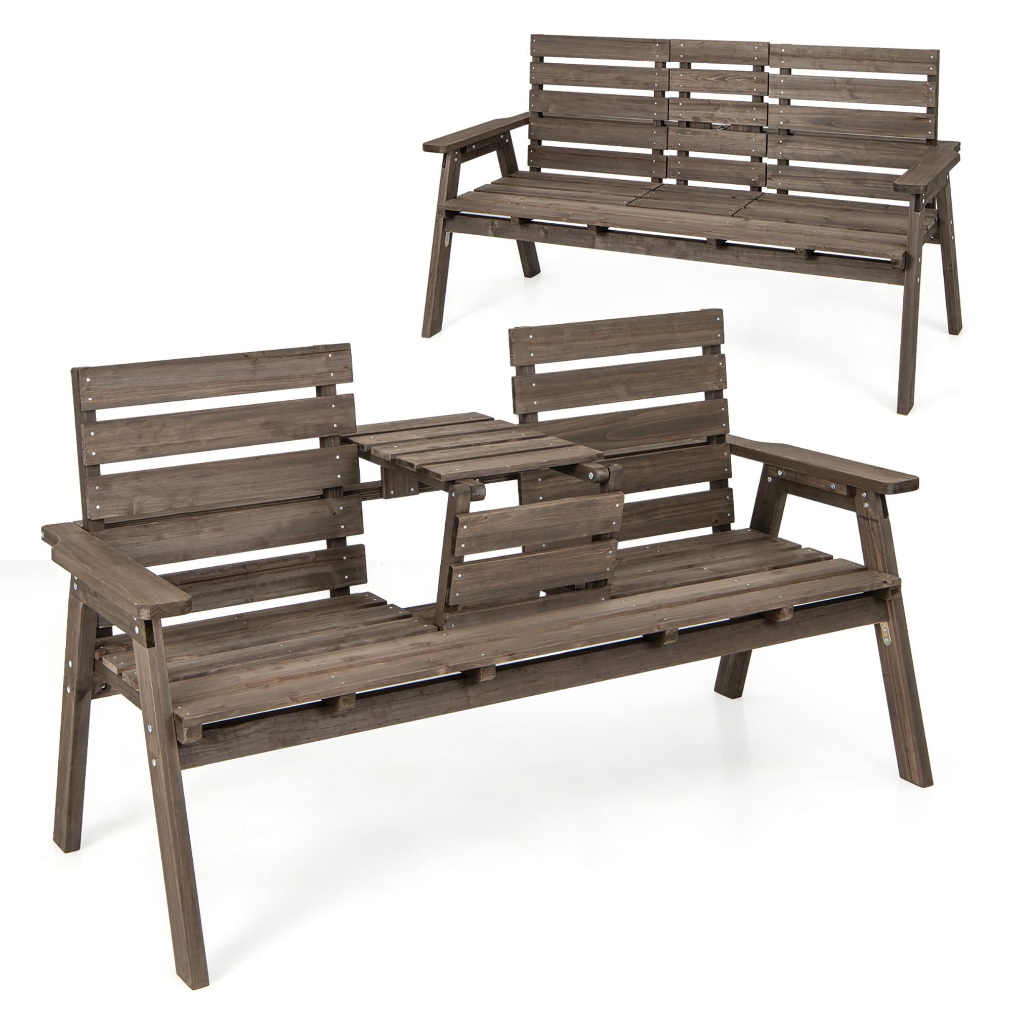 Gymax Outdoor Fir Wood Bench w/ Foldable Middle Table w/ Backrest ...