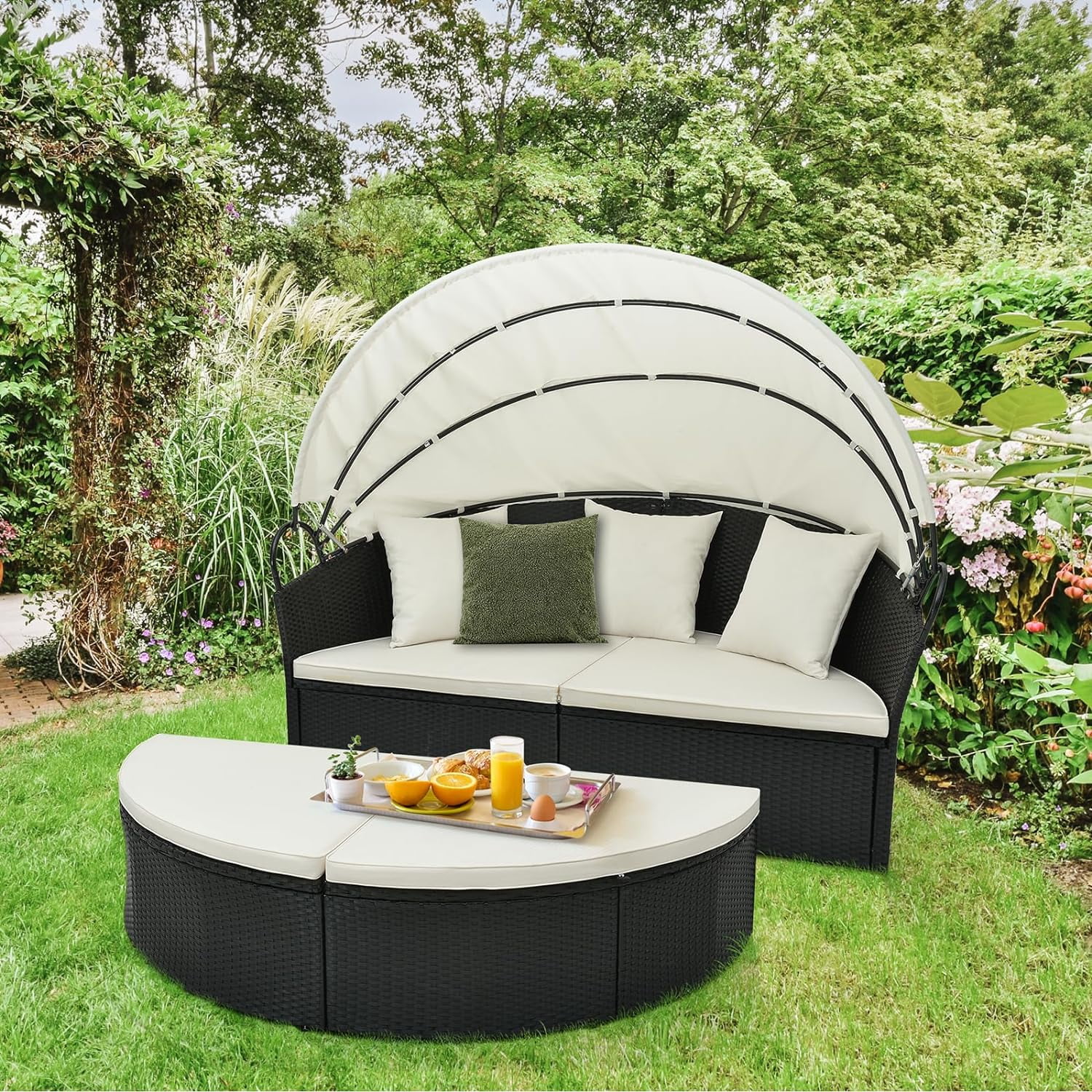 Gymax Outdoor Patio Round Wicker Daybed w/ Separate Seating Sofa ...