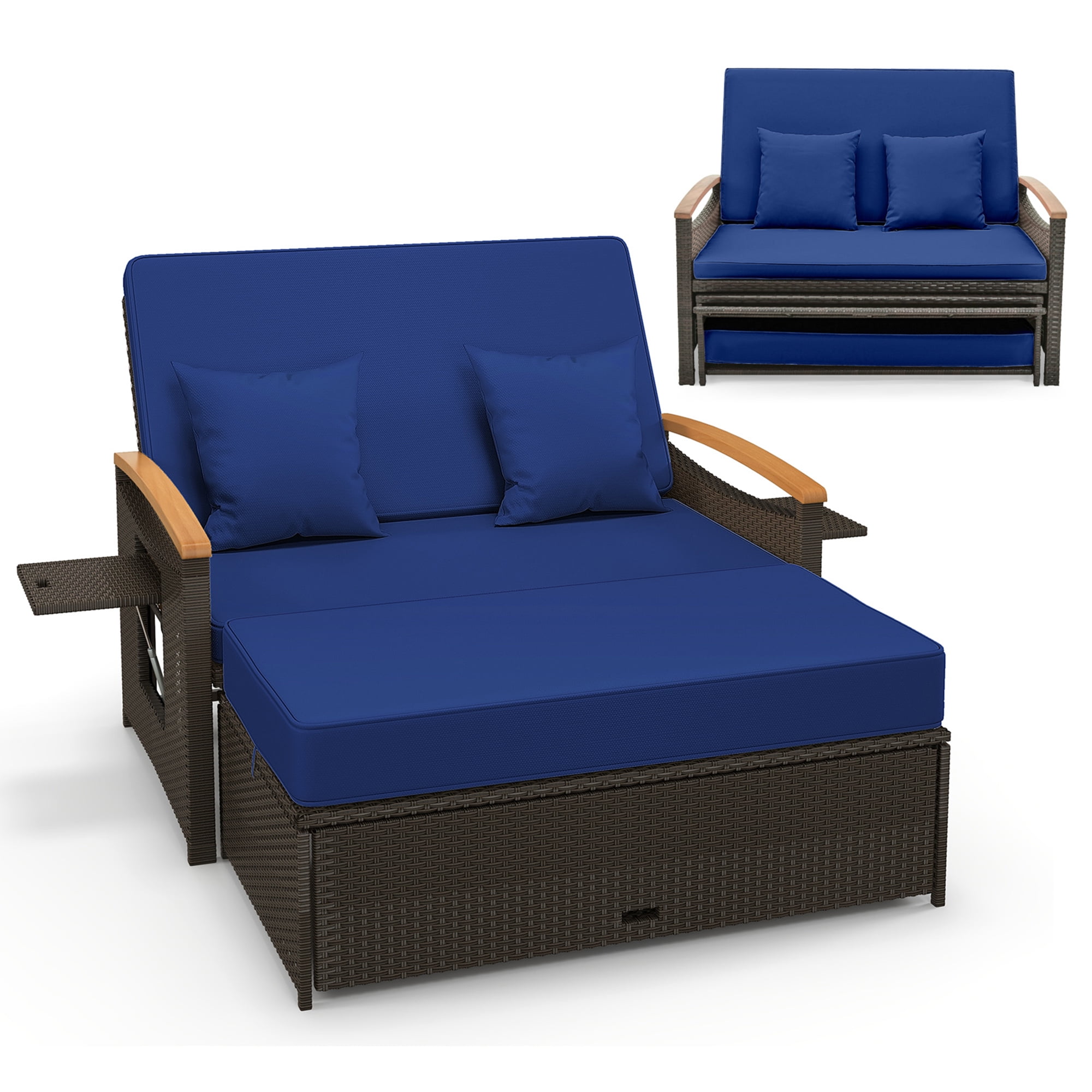 Gymax Outdoor Wicker Daybed Patio Loveseat & Storage Ottoman Set w ...