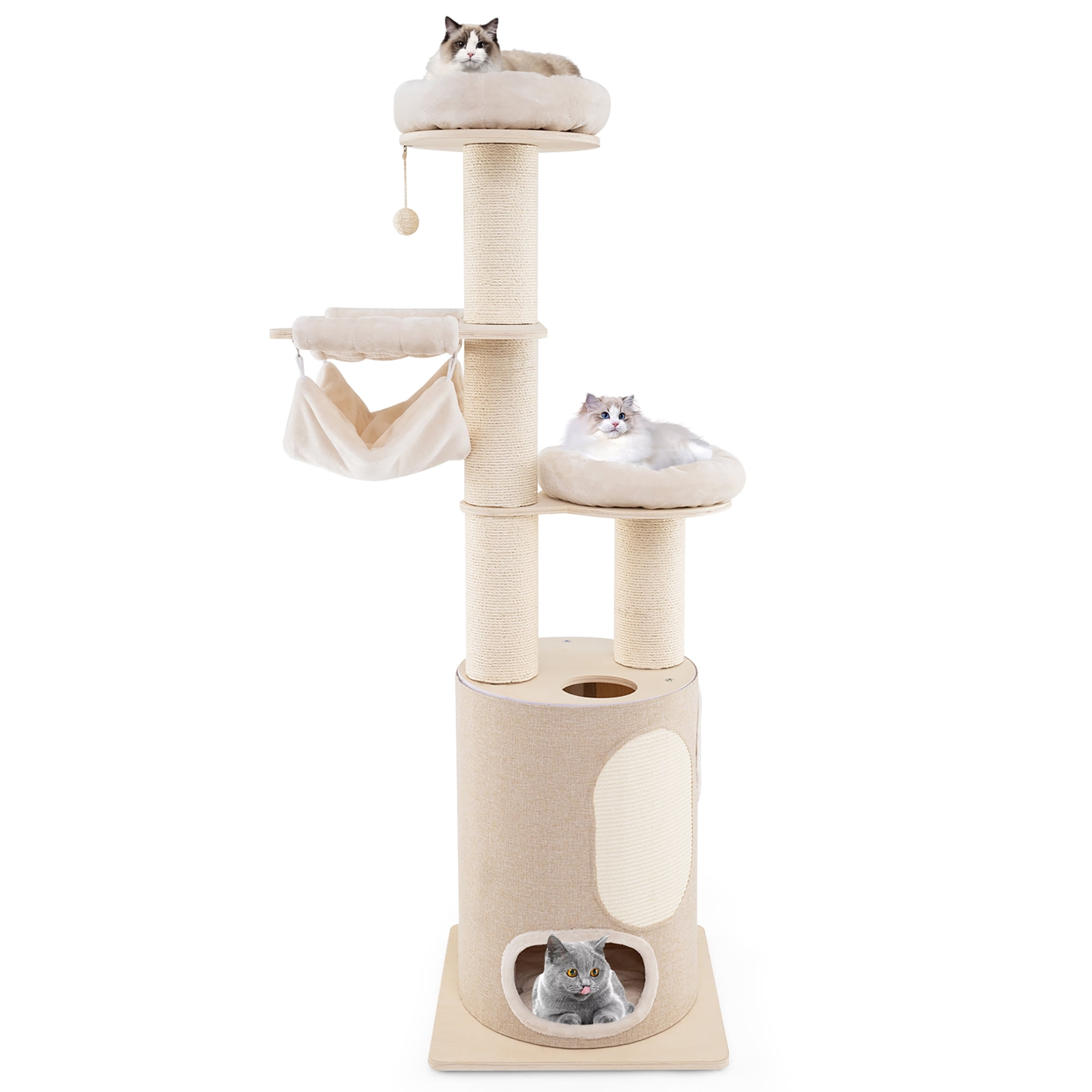 Gymax PETSJOY 74'' Tall Wooden Cat Tower Tree w/ 2-Story Cat Condo 2 ...