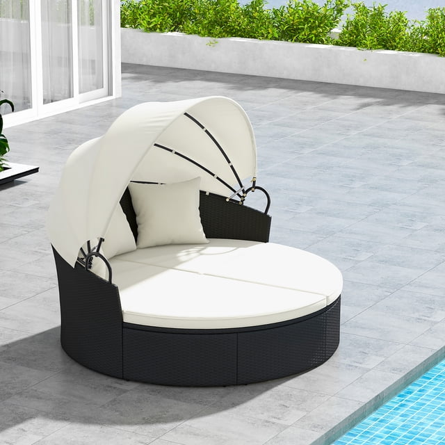Gymax Outdoor Convertible Rattan Daybed for Backyard with Retractable ...
