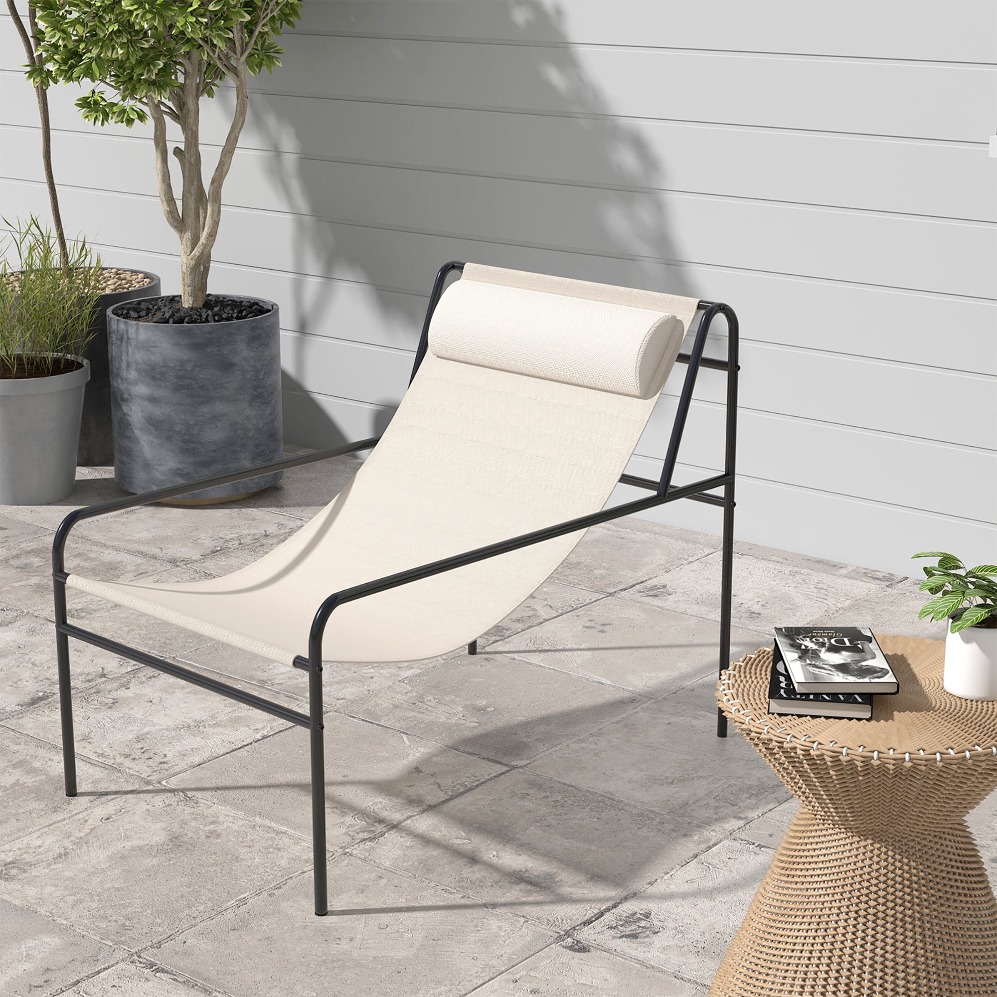 Gymax Modern Patio Sling Chair, Metal Frame, Removable Headrest, Beige ...