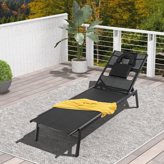 Gymax Adjustable Outdoor Sun Deck Lounge Recliner Chair with Face Hole ...