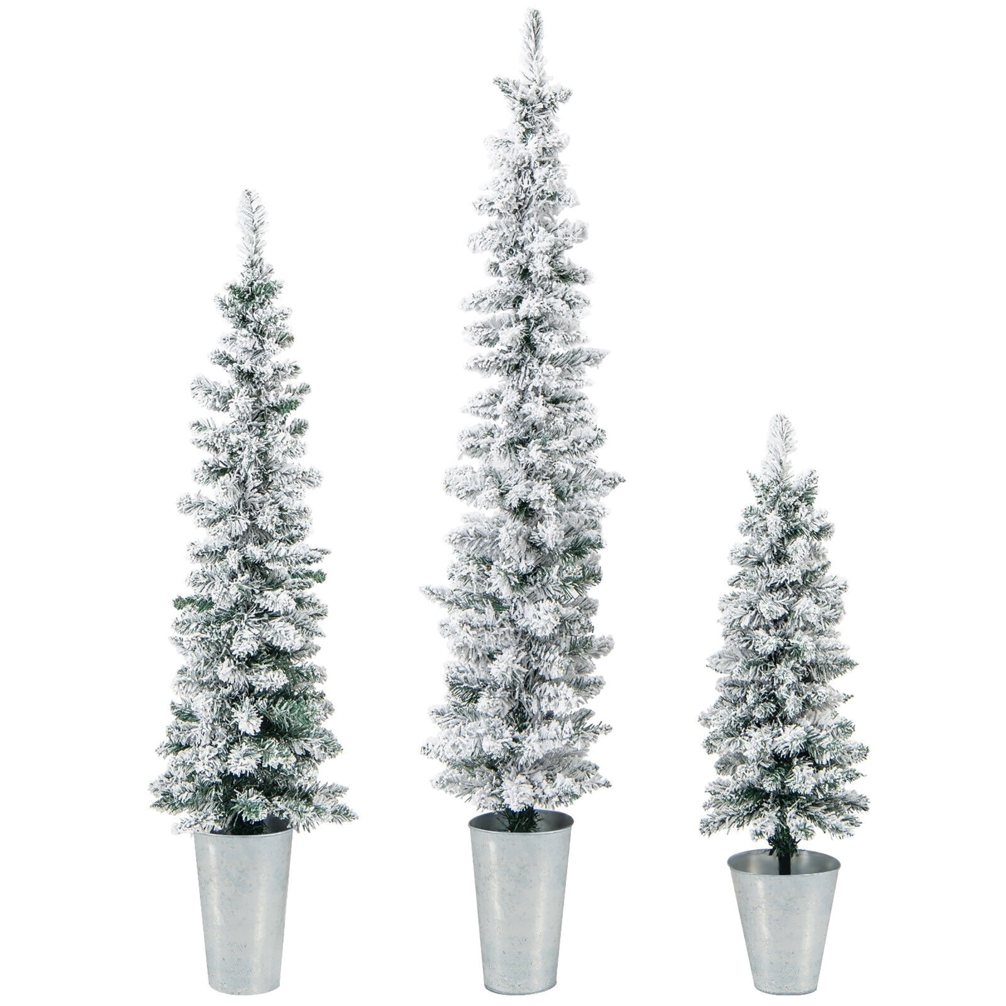 Gymax Potted Artificial Christmas Tree Set, Snow-Flocked PVC Trees, 3 ...