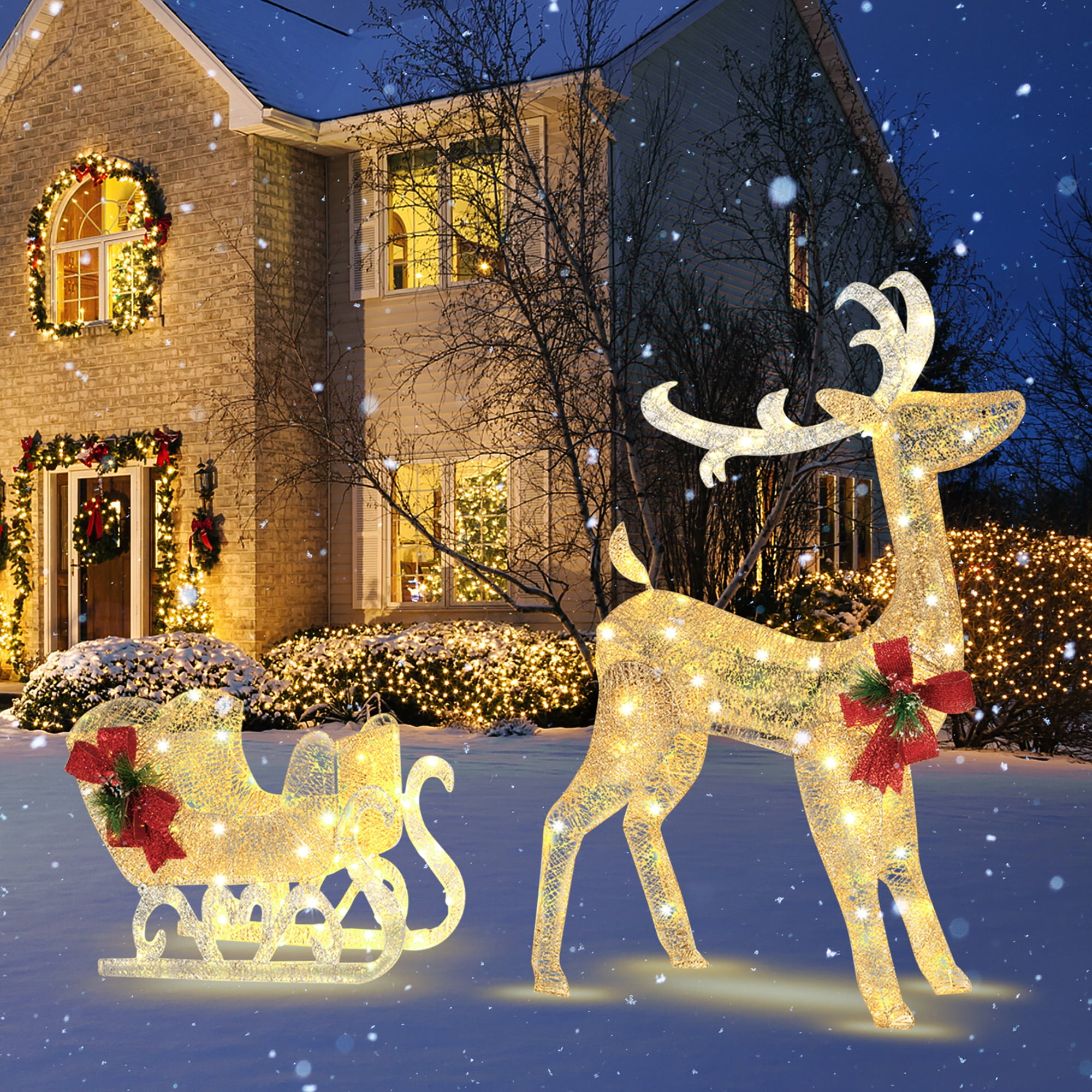 Gymax Large Outdoor Xmas Decor: Pre-Lit Reindeer & Santa's Sleigh with ...