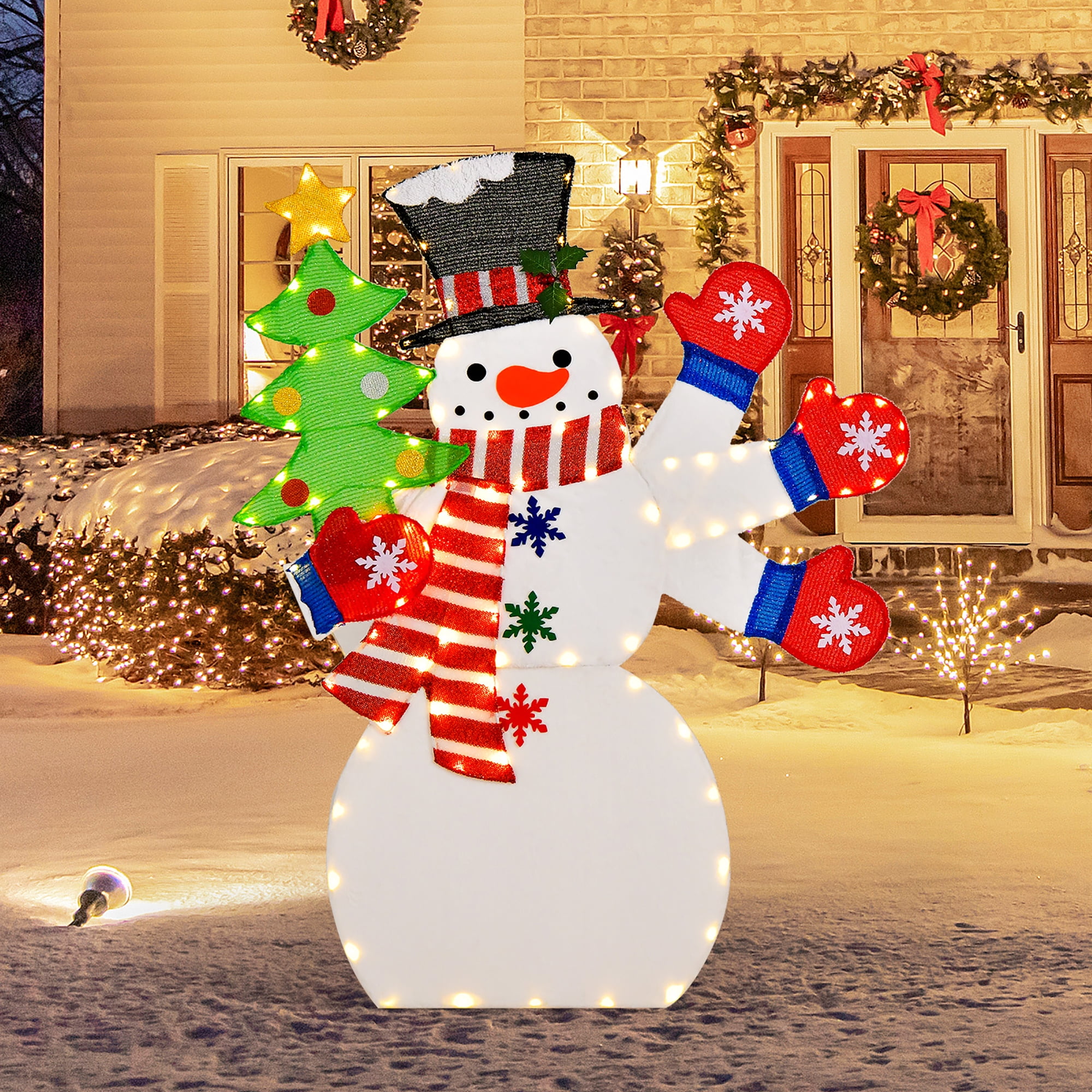 Gymax Pre-lit Light up Snowman Decoration Lighted Snowman w/ Hat ...