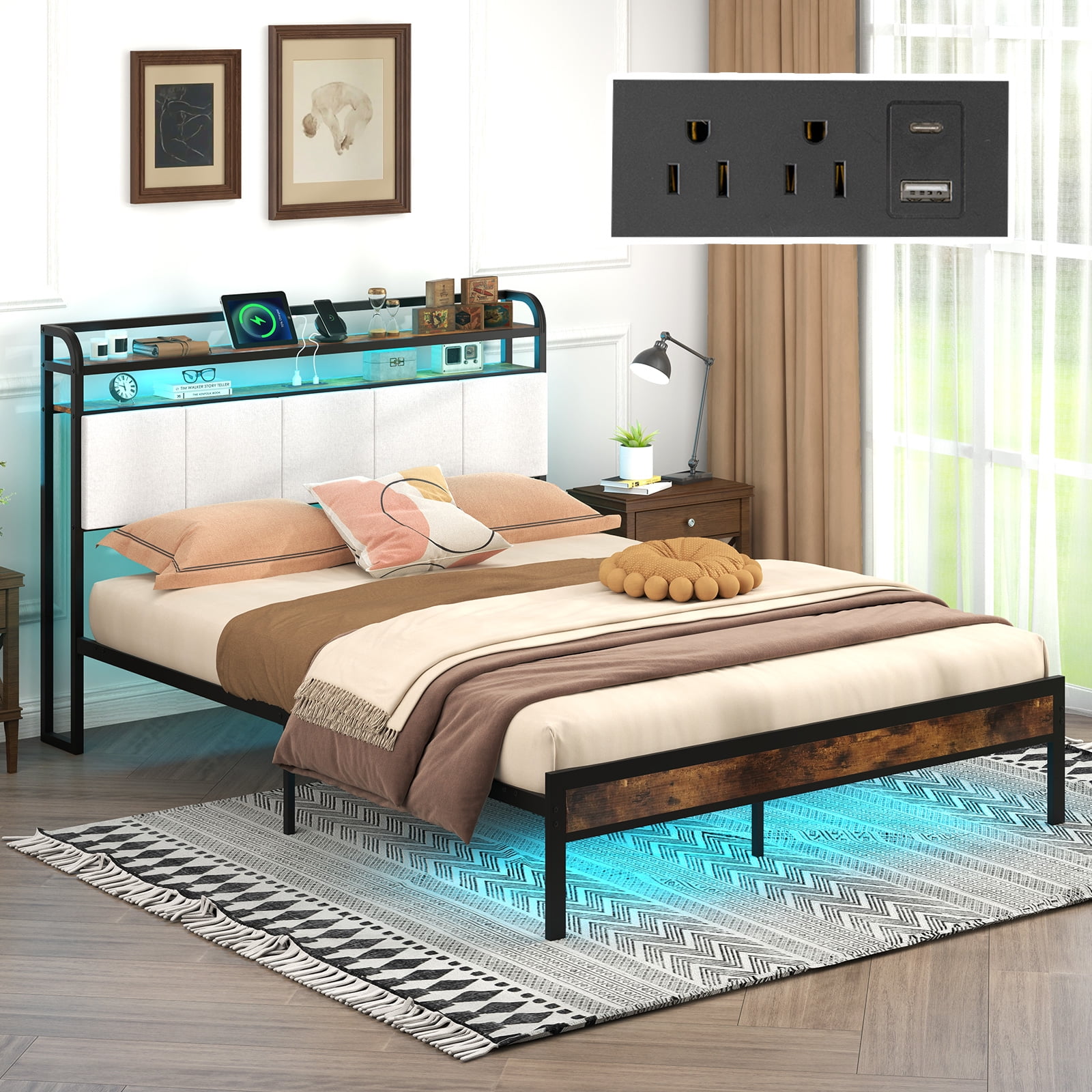 Gymax Queen Size Bed Frame w/ LED Light & Charging Station Heavy Duty ...