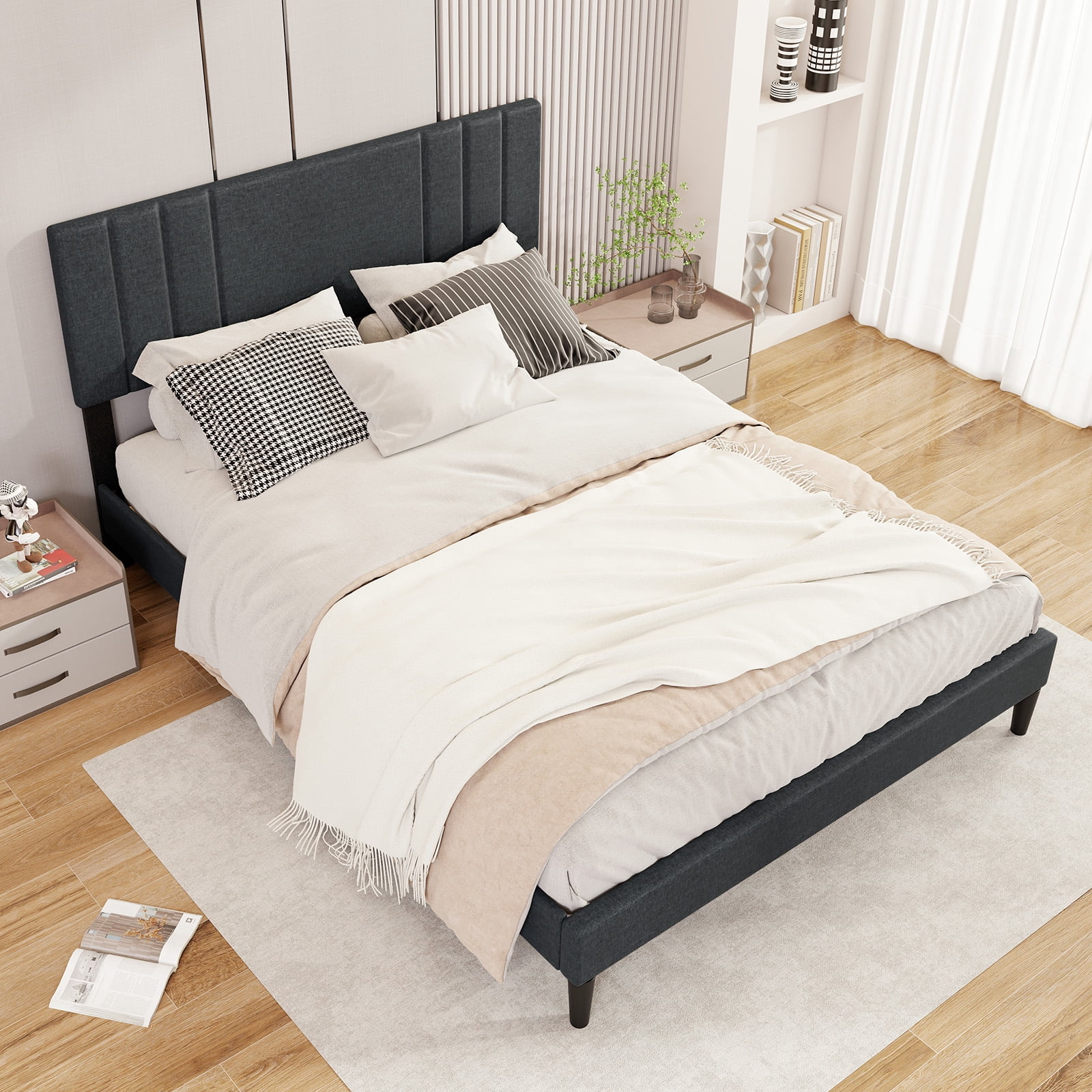 Gymax Queen Size Bed Frame w/ Vertical Channel Tufted Headboard ...