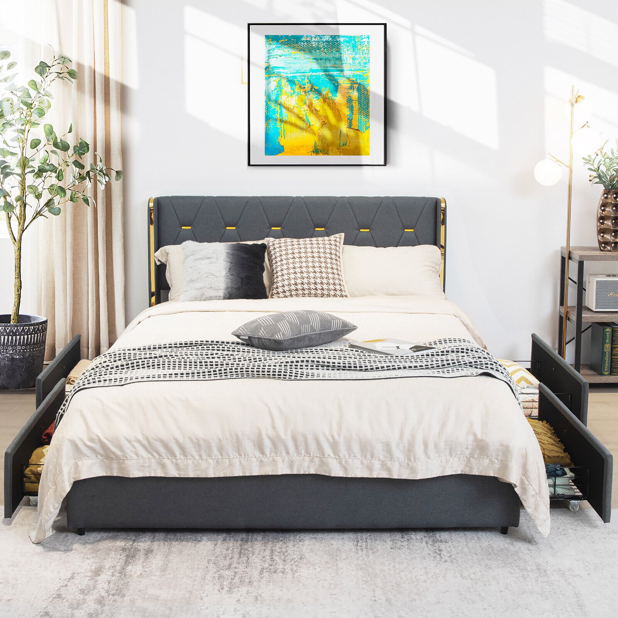 Gymax Queen Upholstered Bed Frame with 4 Storage Drawers Headboard Dark ...