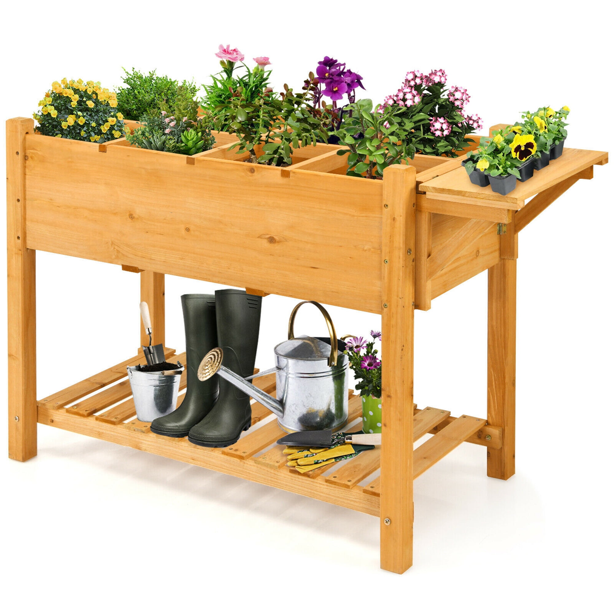 Gymax Outdoor Raised Garden Bed - Wooden Elevated Planter Box Kit with ...