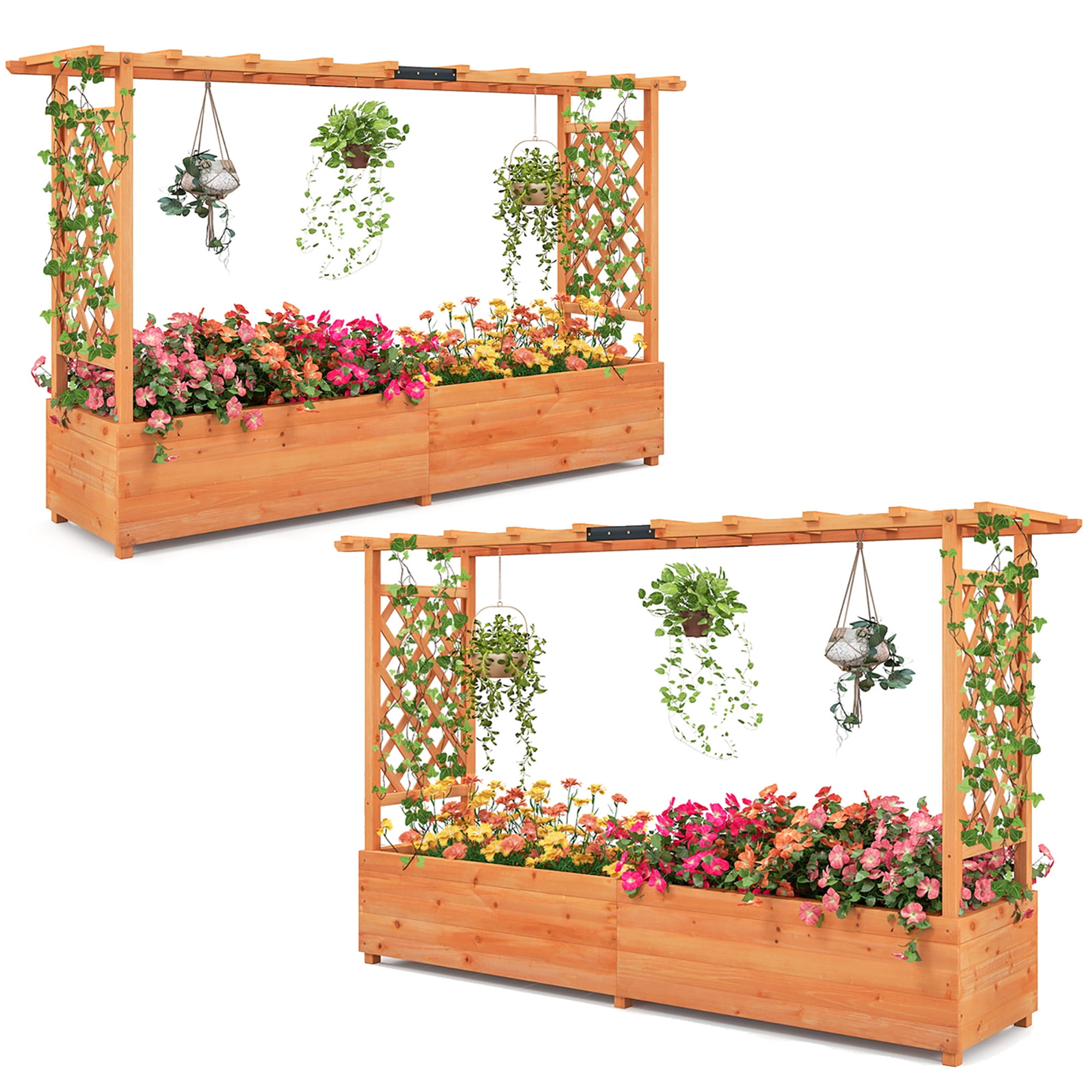 Gymax Raised Garden Bed w/ 2-Sided Trellis & Hanging Roof Fir Wood ...