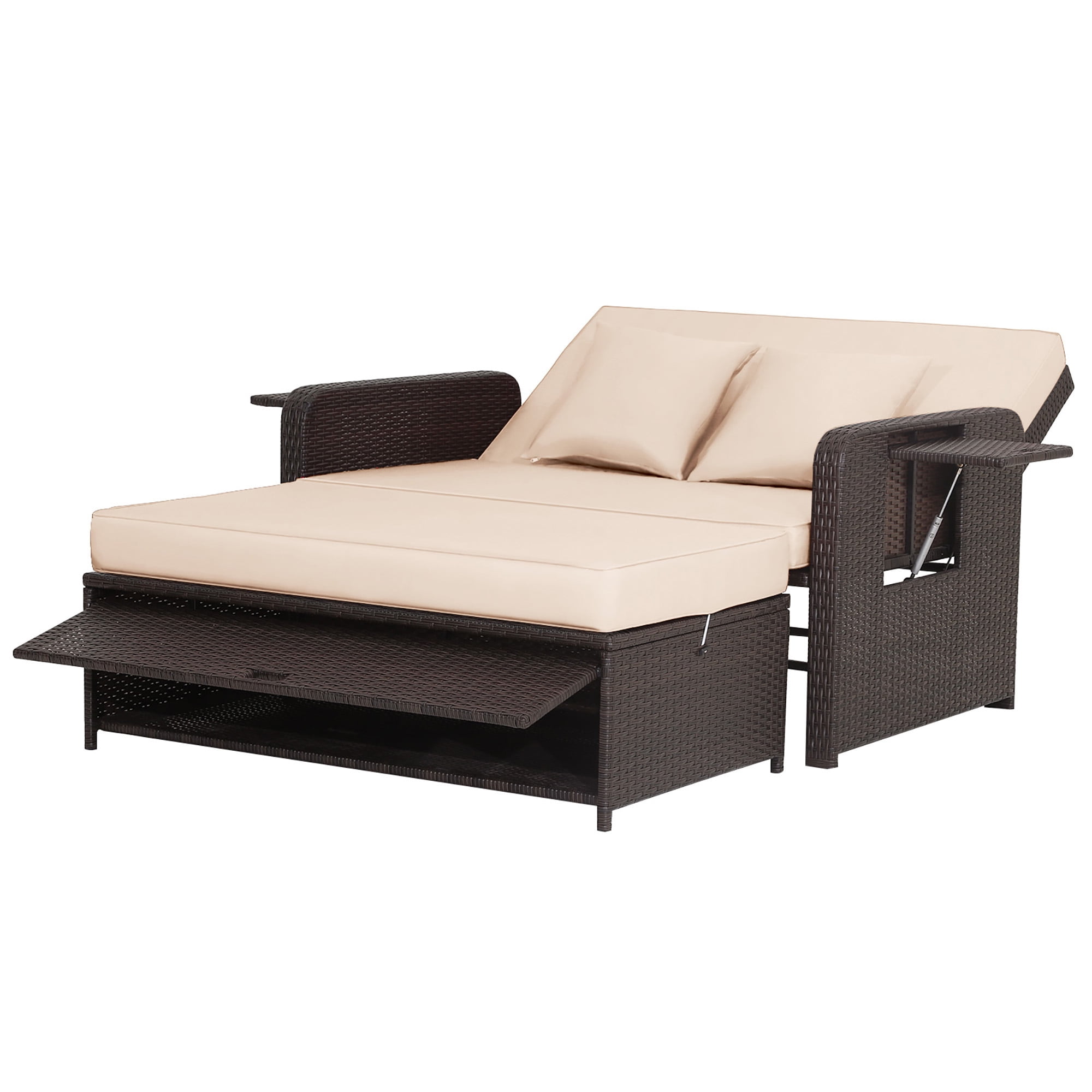 Gymax Rattan Daybed Lounge w/ Retractable Top Canopy Side Tables ...