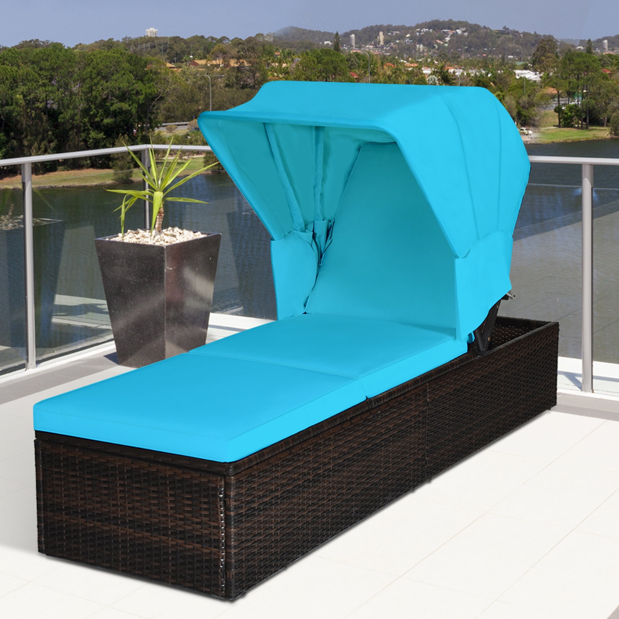Gymax Rattan Patio Chaise Lounge Chair W/ Adjustable Canopy Turquoise ...