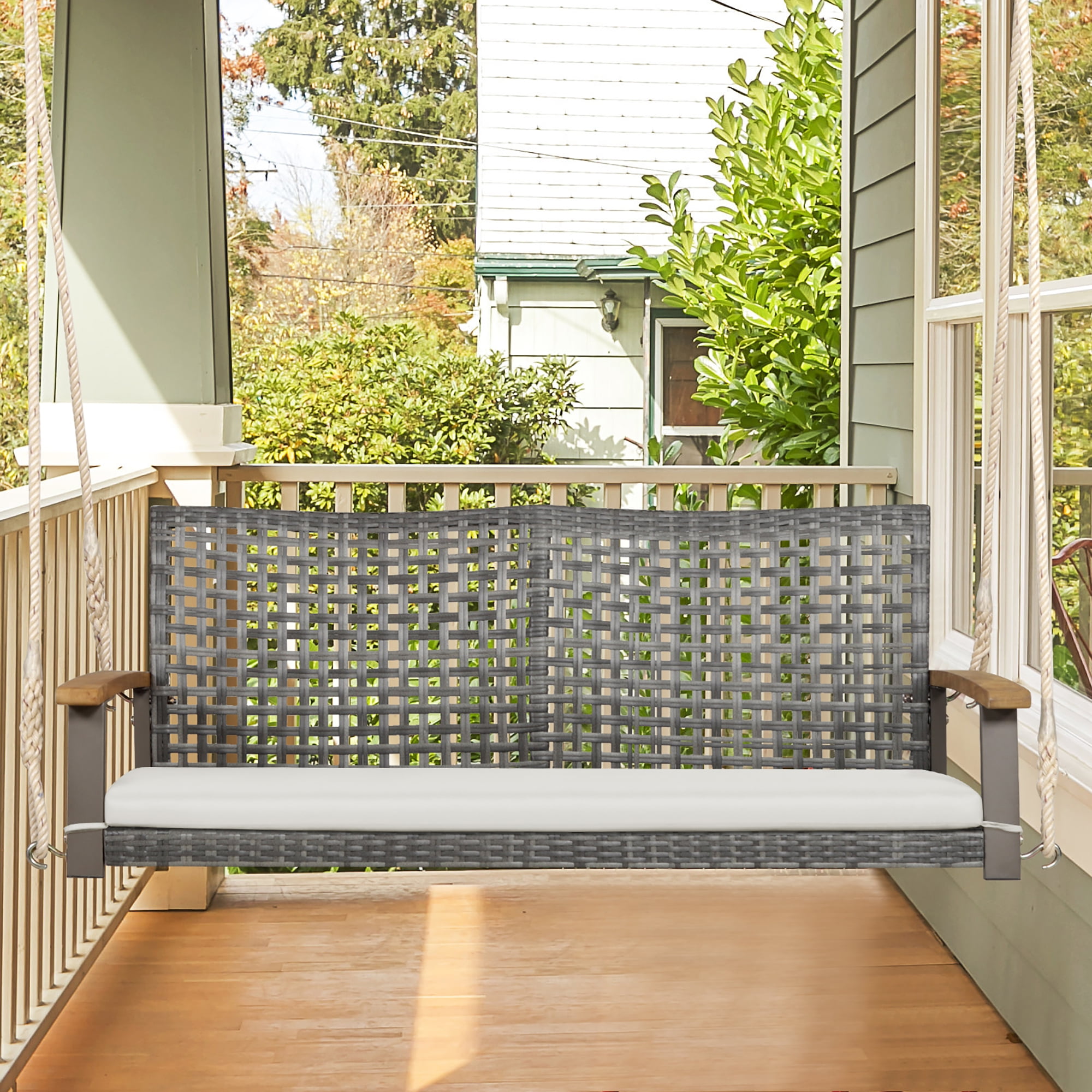 Gymax Rattan Patio Porch Swing 2-Person Cushioned Swing Chair Bench w ...