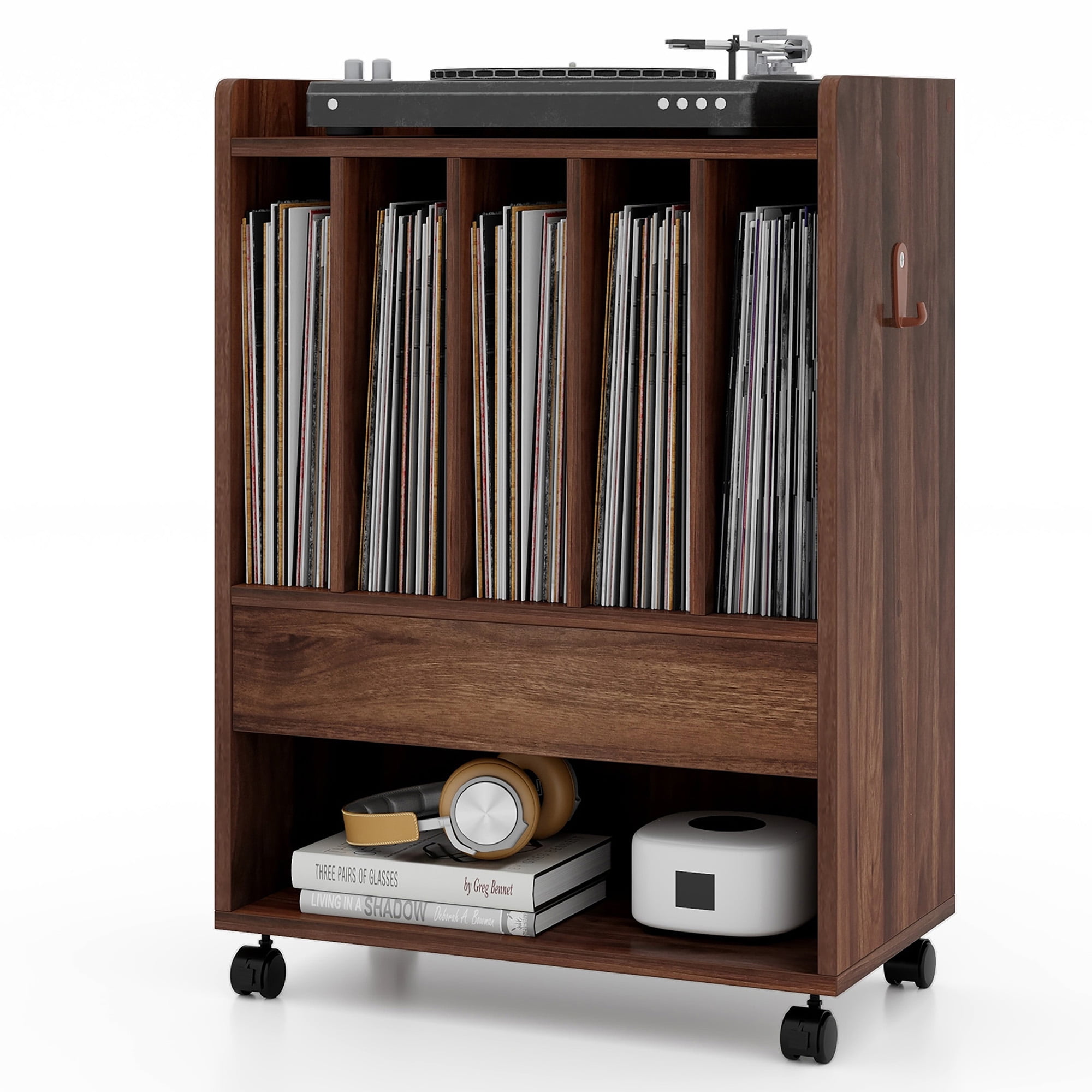 Gymax Record Player Stand on Wheels w/ Pull-out Drawer & Open Shelf ...