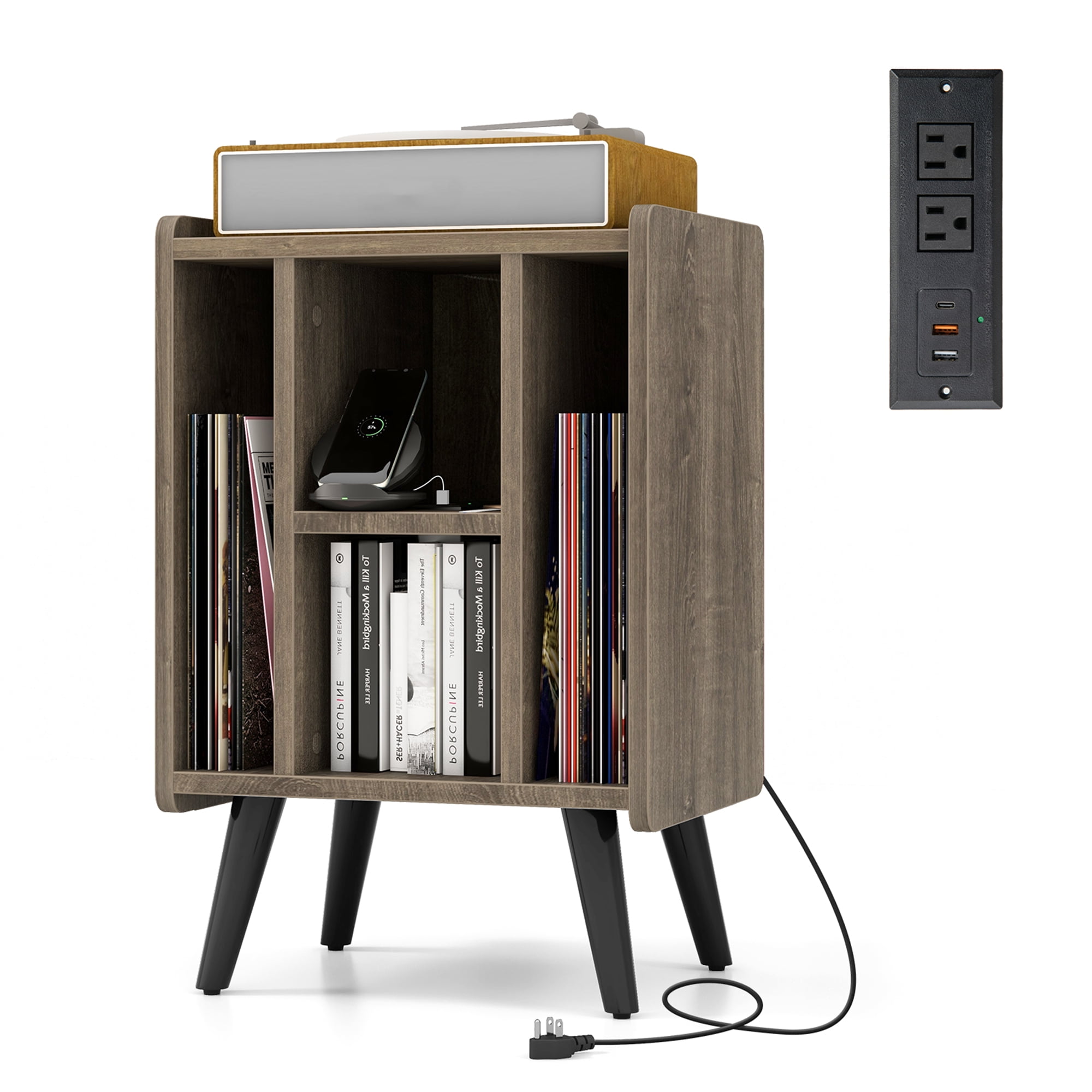 Gymax Record Player Stand w/ 4 Storage Compartments Supporting Legs ...