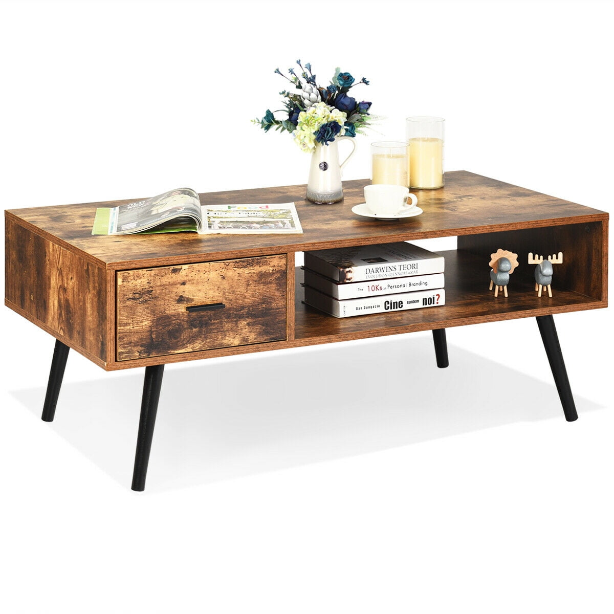 Gymax Retro Coffee Table Mid Century Modern Living Room Furniture w ...