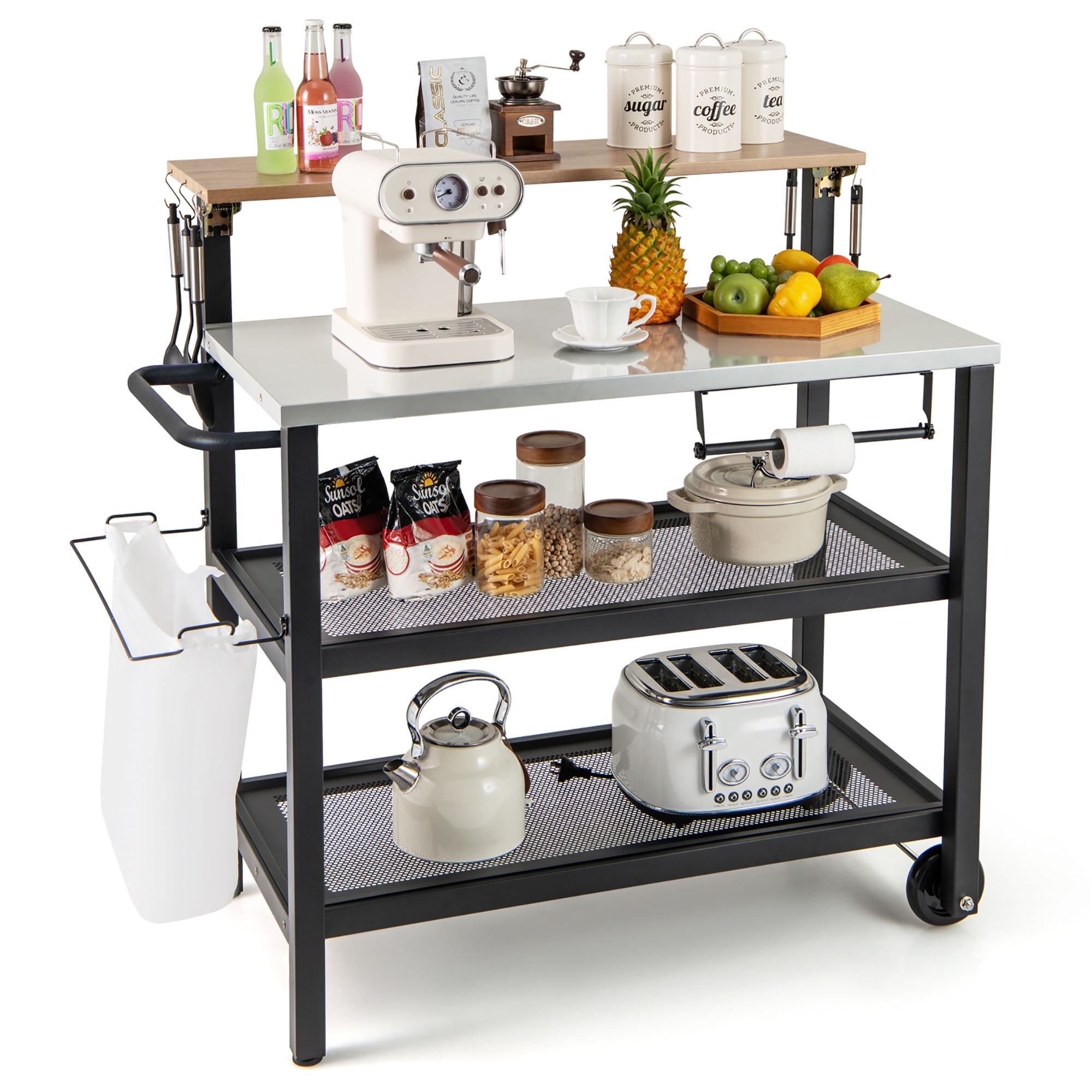 Gymax Rolling Bar Cart w/ Flip-up Table Hooks Paper Towel Holder Trash ...
