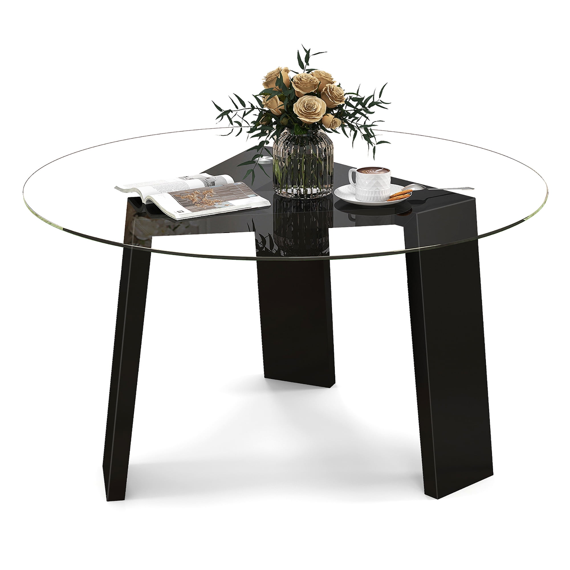 Gymax Round Coffee Table Modern Tempered Glass Top Accent Table w ...