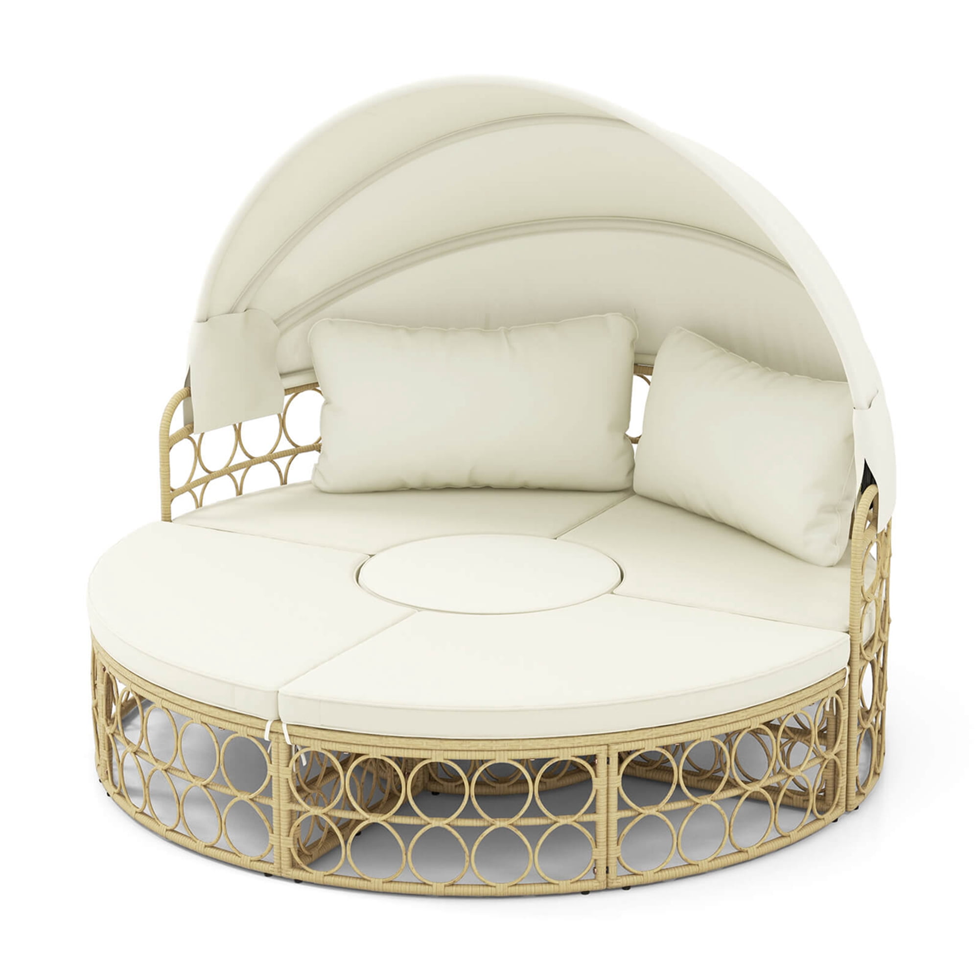 Gymax Round Daybed w/ Retractable Canopy Soft Cushions for Patio Beige ...