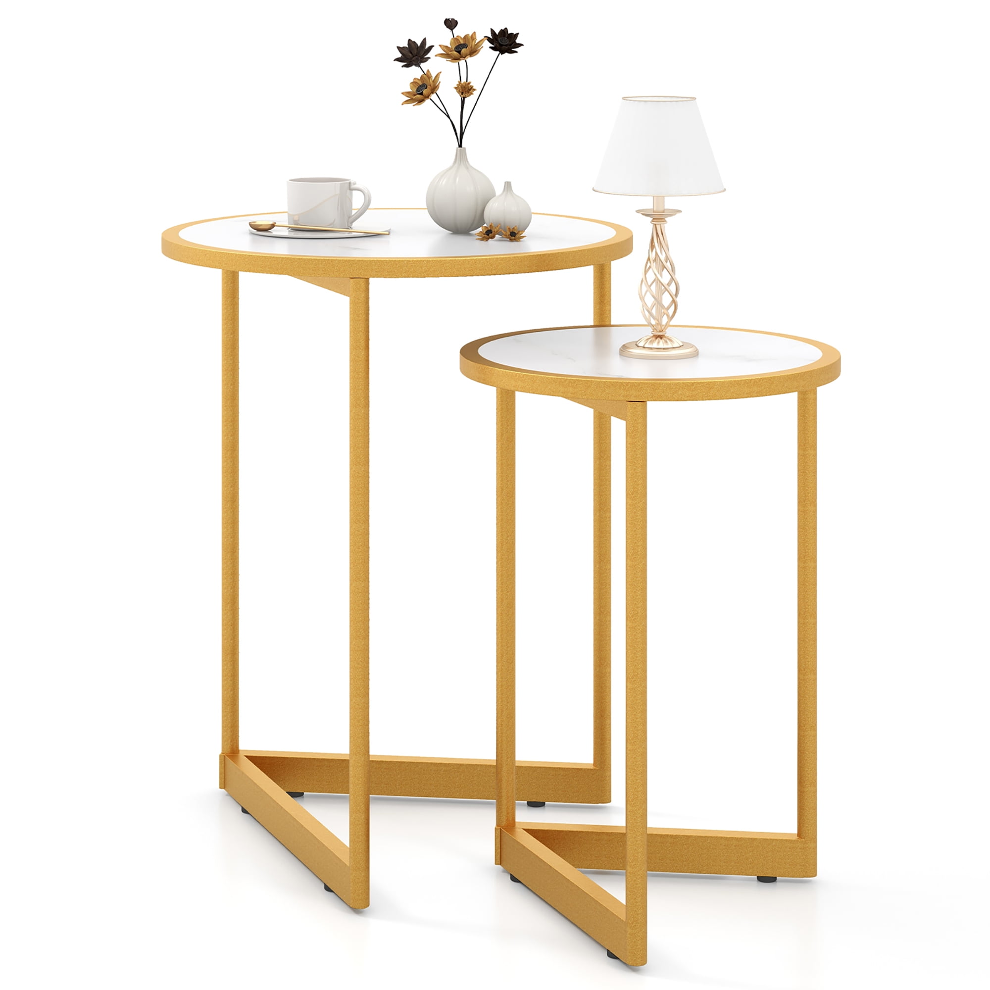 Gymax 2-Piece Set Modern Round Nesting Tables with Marble Top and Space ...
