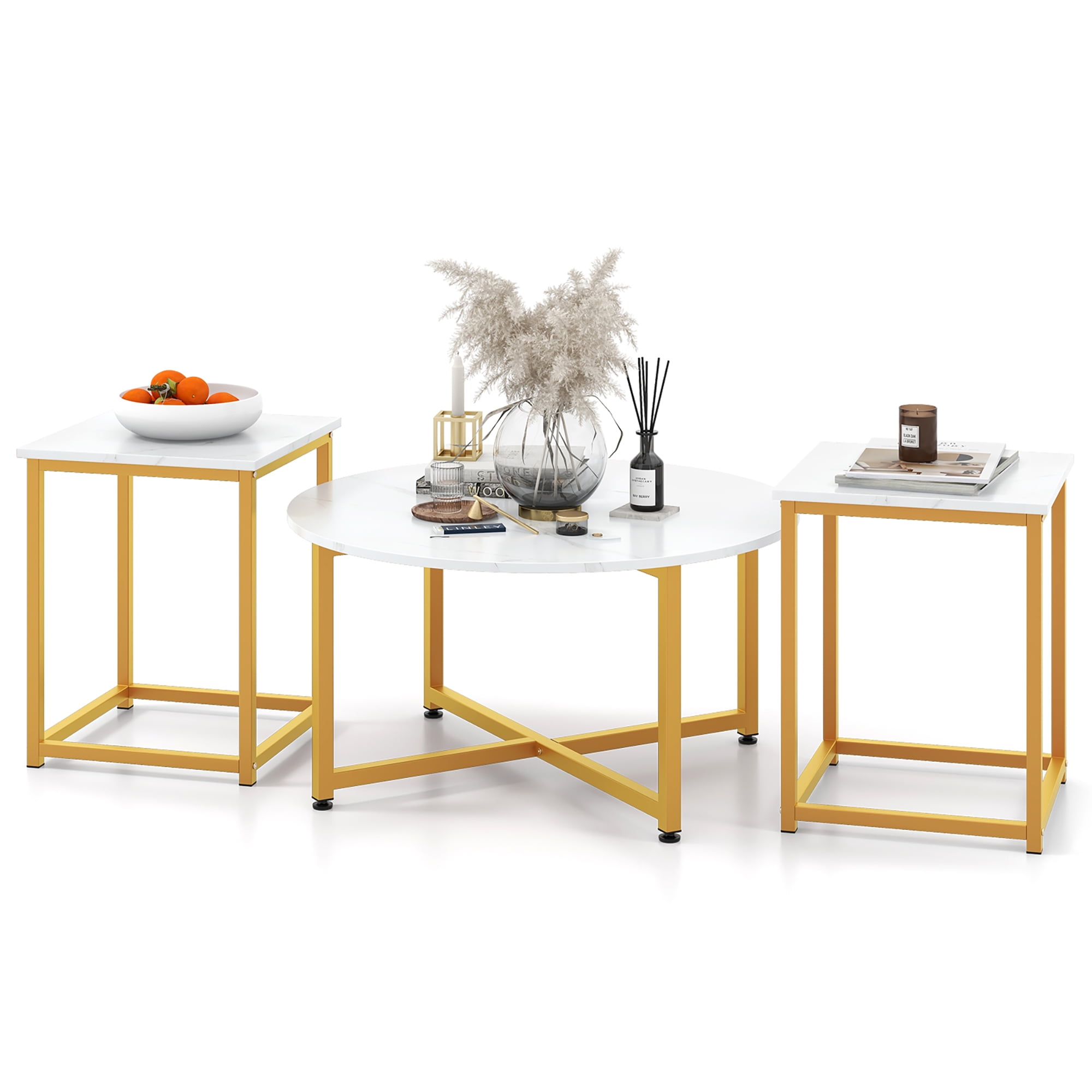 Gymax Round Nesting Table Set of 3 Modern/Farmhouse Coffee Table w/2 ...