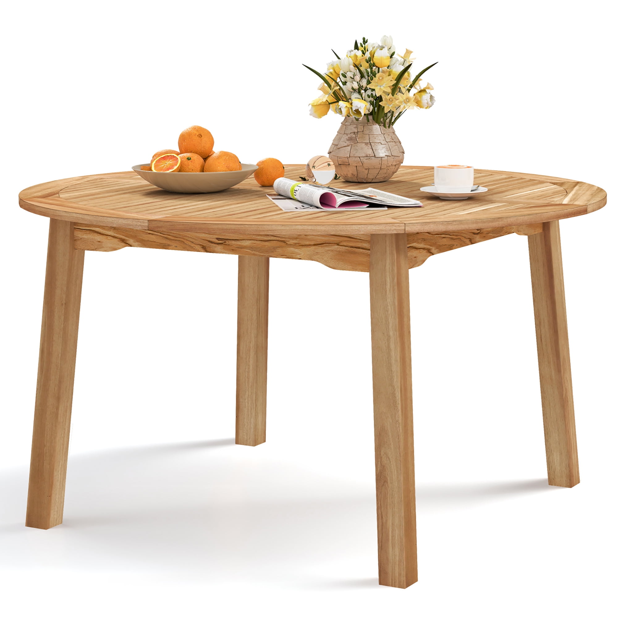 Gymax Round Patio Dining Table Acacia Wood Outdoor Dining Table w/ 2 ...