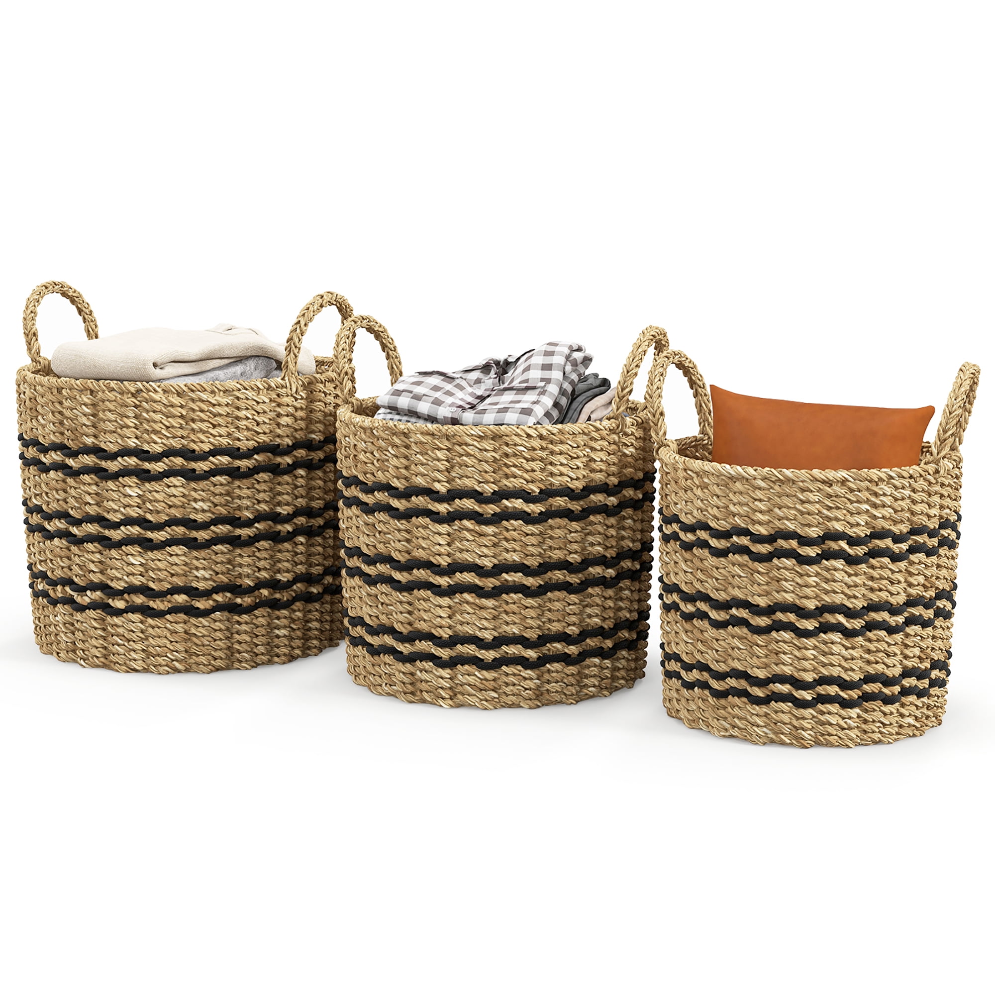 Gymax Seagrass Basket Set of 3 Stackable Storage Bins w/ Handles Home ...