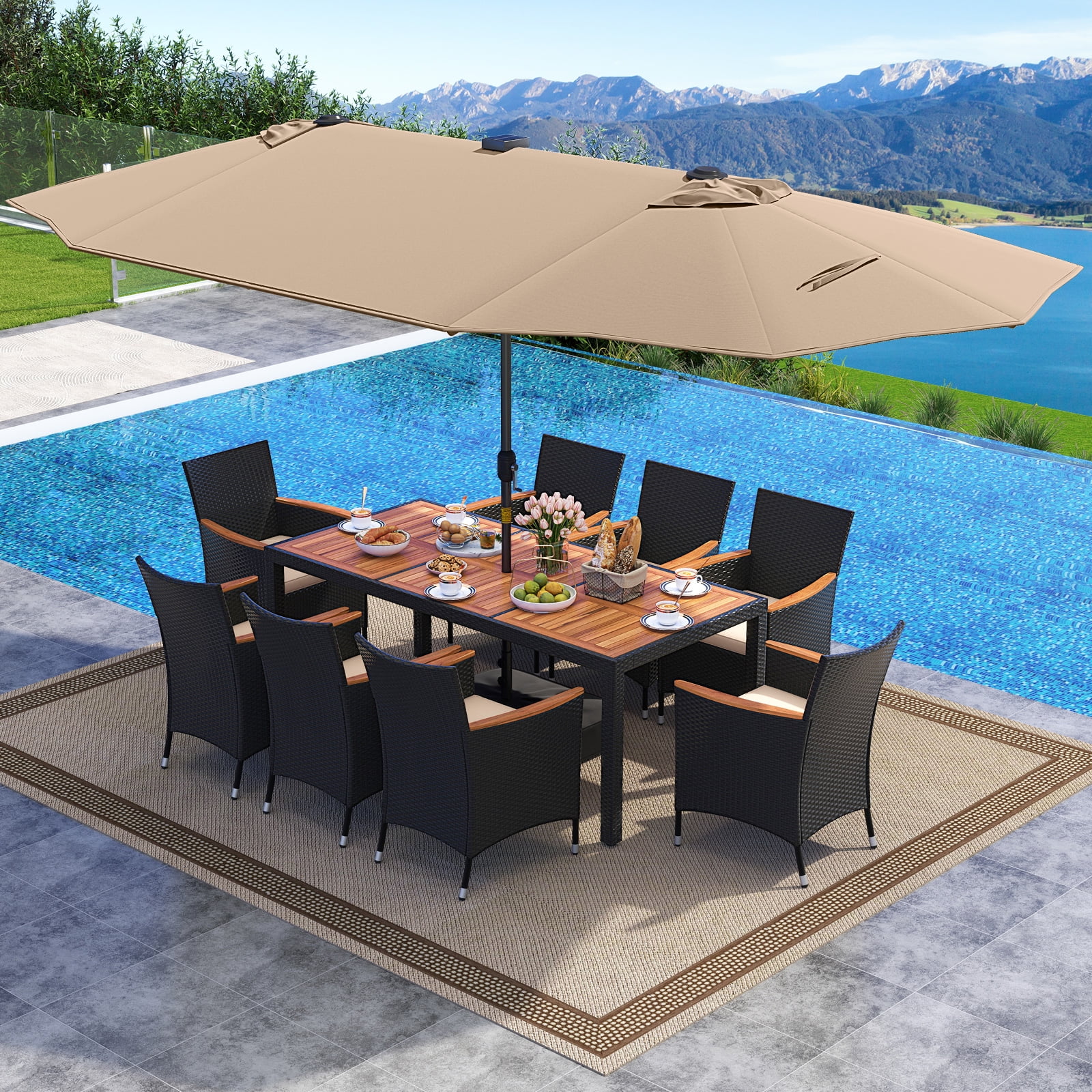 Gymax Set Of 11 Patio Dining Set w/ 15ft Double-Sided Patio Umbrella ...