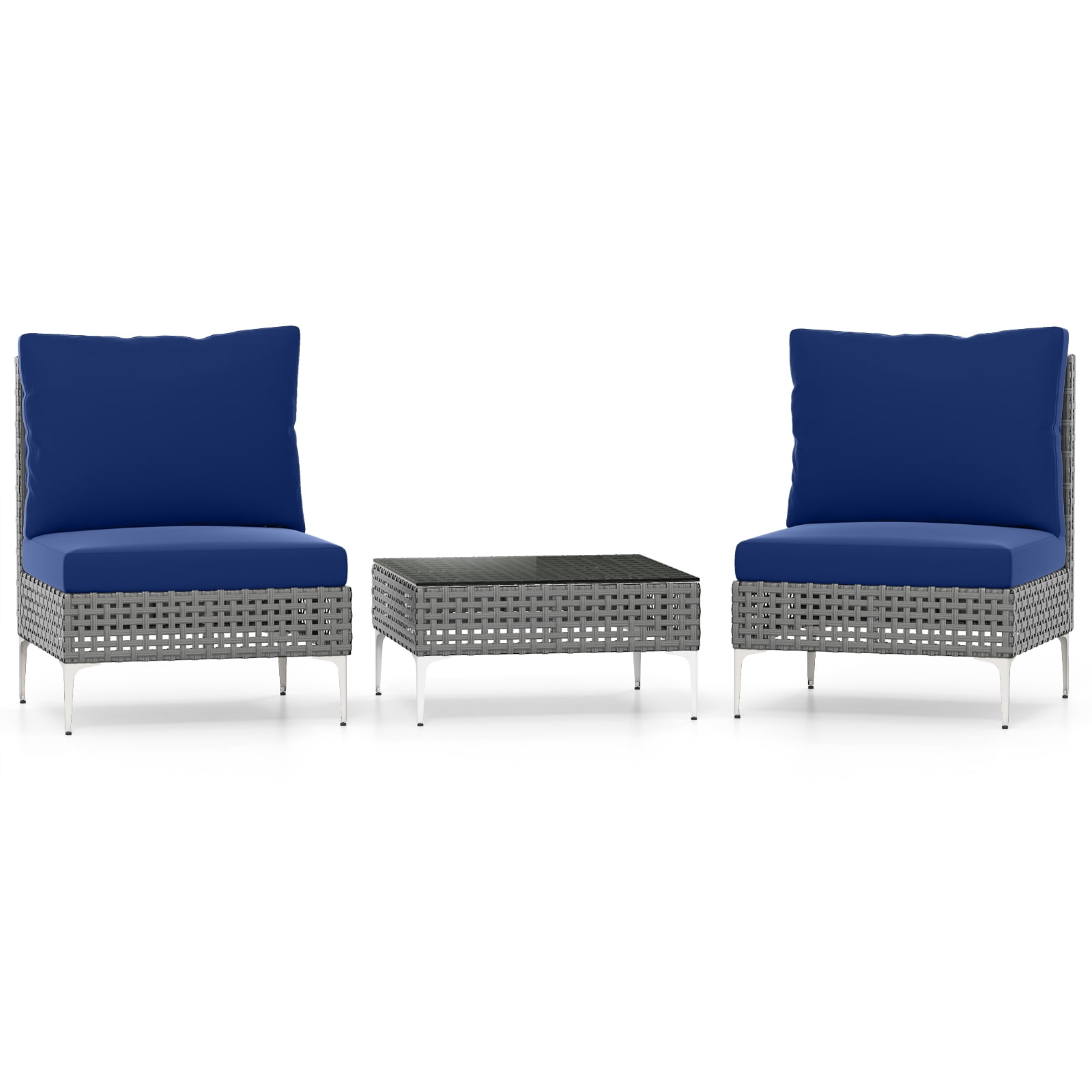 Gymax Set Of 3 Patio Furniture w/ Tempered Glass Coffee Table Soft Back ...