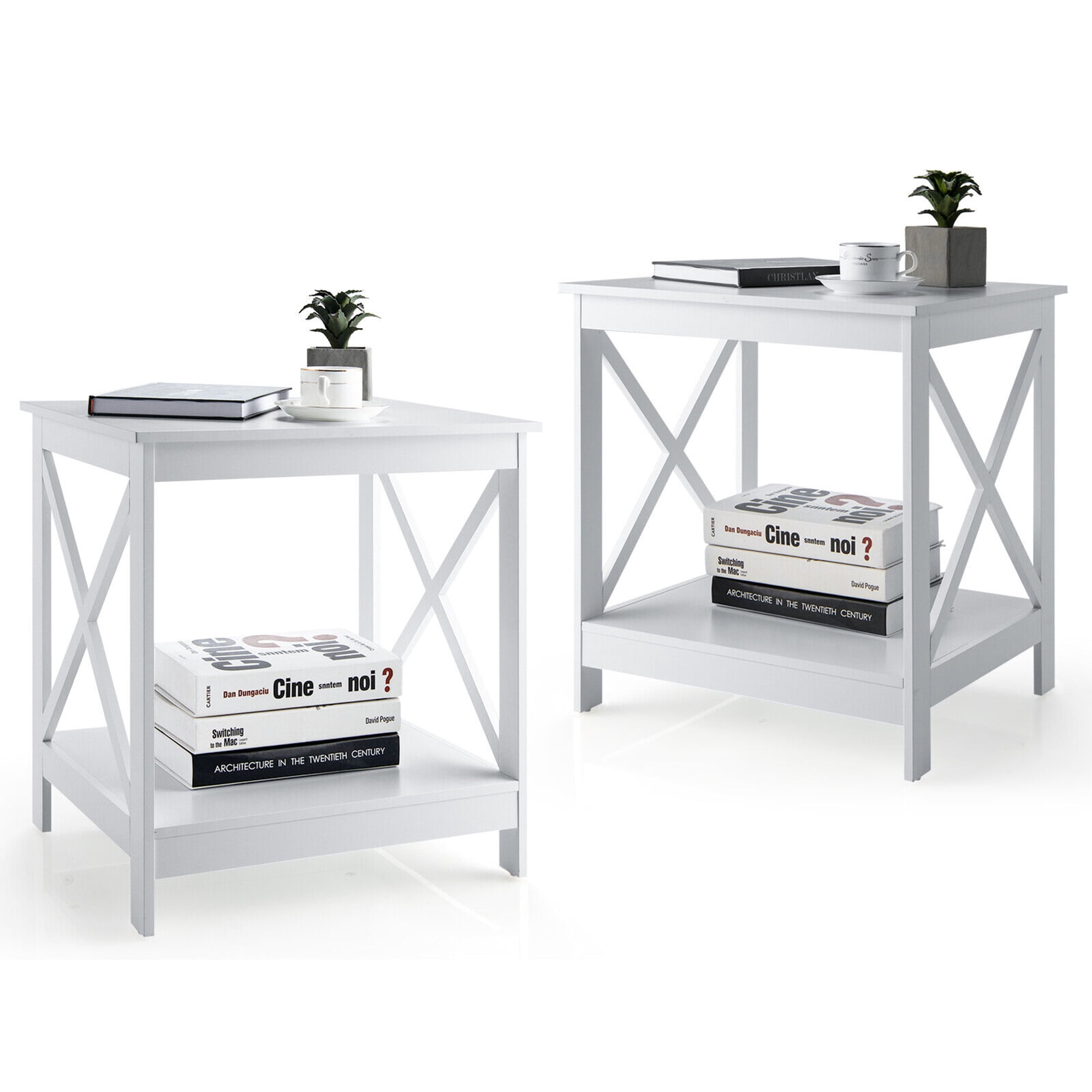 Gymax Set of 2 Accent End Table 2-Tier Sofa Side Table Nightstand w/ X ...