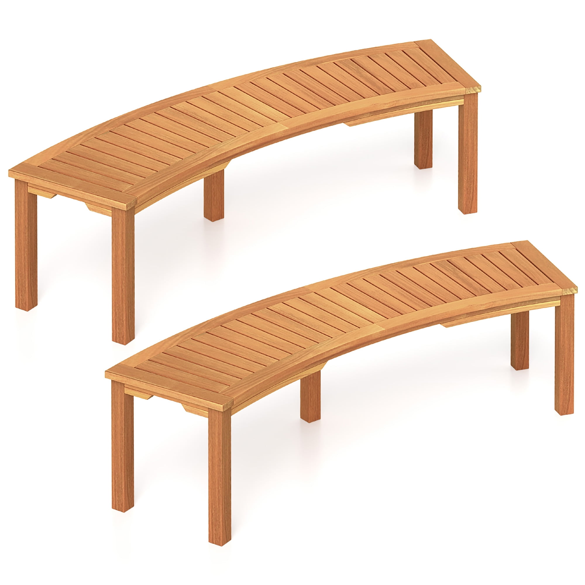 Gymax Set of 2 Outdoor Curved Bench w/ Slatted Seat Solid Acacia Wood ...