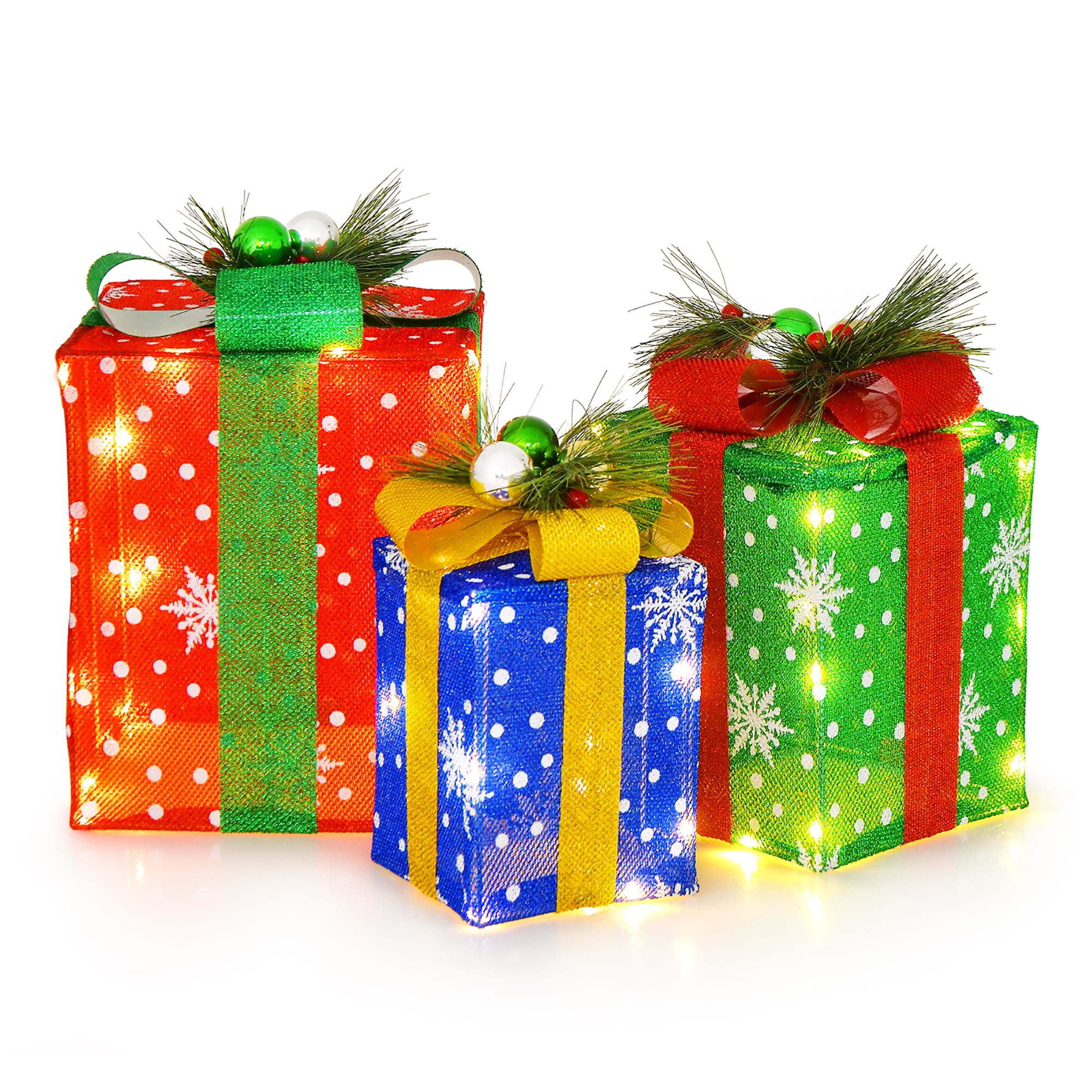 Gymax Set of 3 Gift Boxes Decoration Light up Present Boxes w/ Ribbons ...