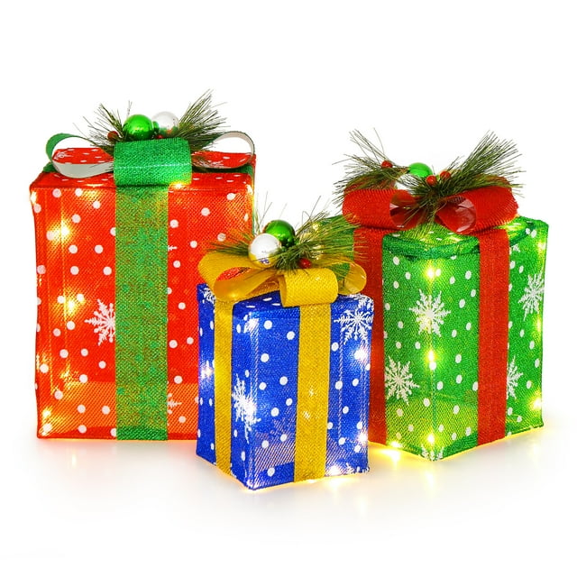Gymax Set of 3 Gift Boxes Decoration Light up Present Boxes w/ Ribbons ...
