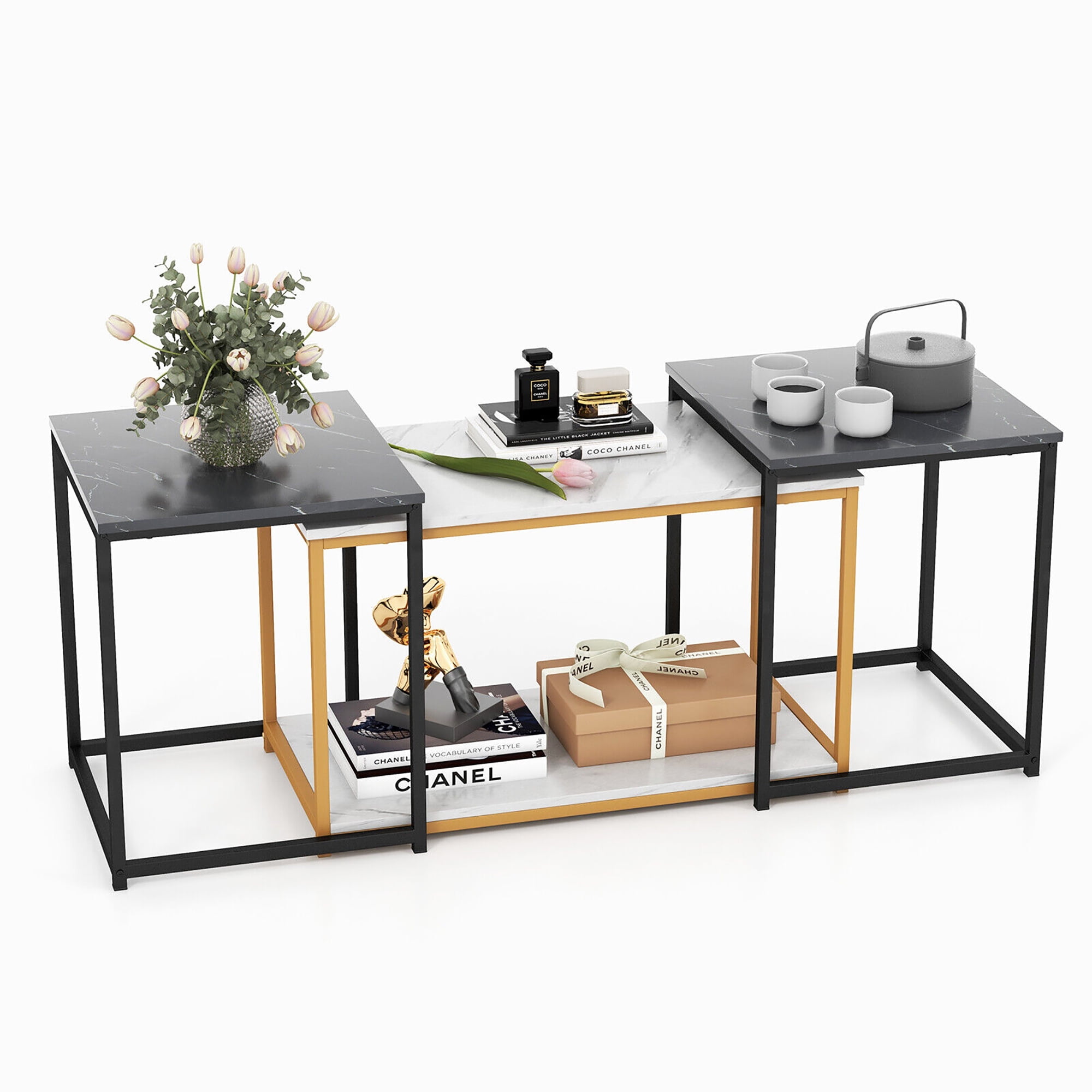 Gymax 3-Piece Nesting Table Set: Small Storage Furniture, Modern Coffee & Matching Side Tables ...