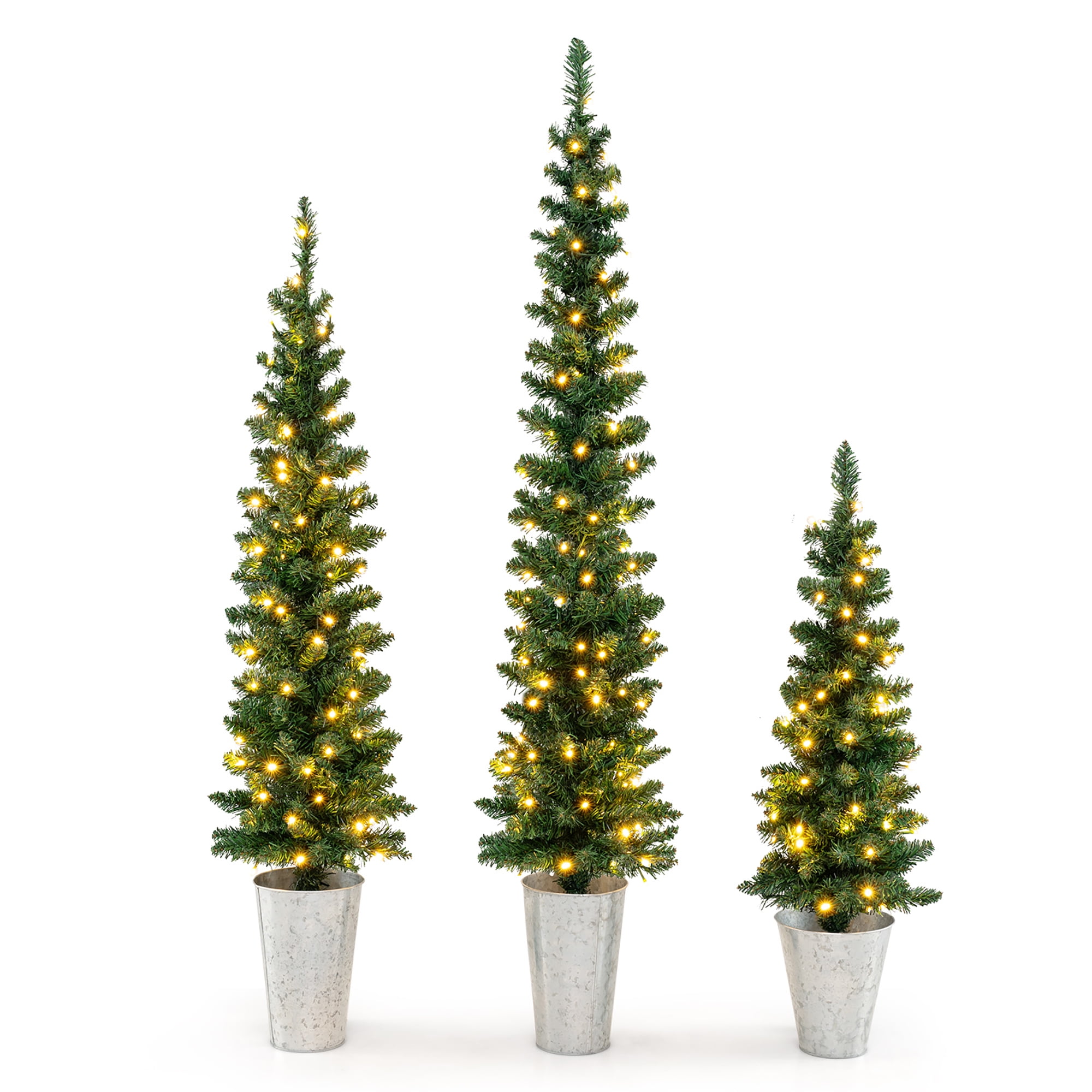 Gymax Set of 3 Pre-Lit Artificial Christmas Trees 3 4 5 FT Slim Pencil Potted Xmas Tree ...