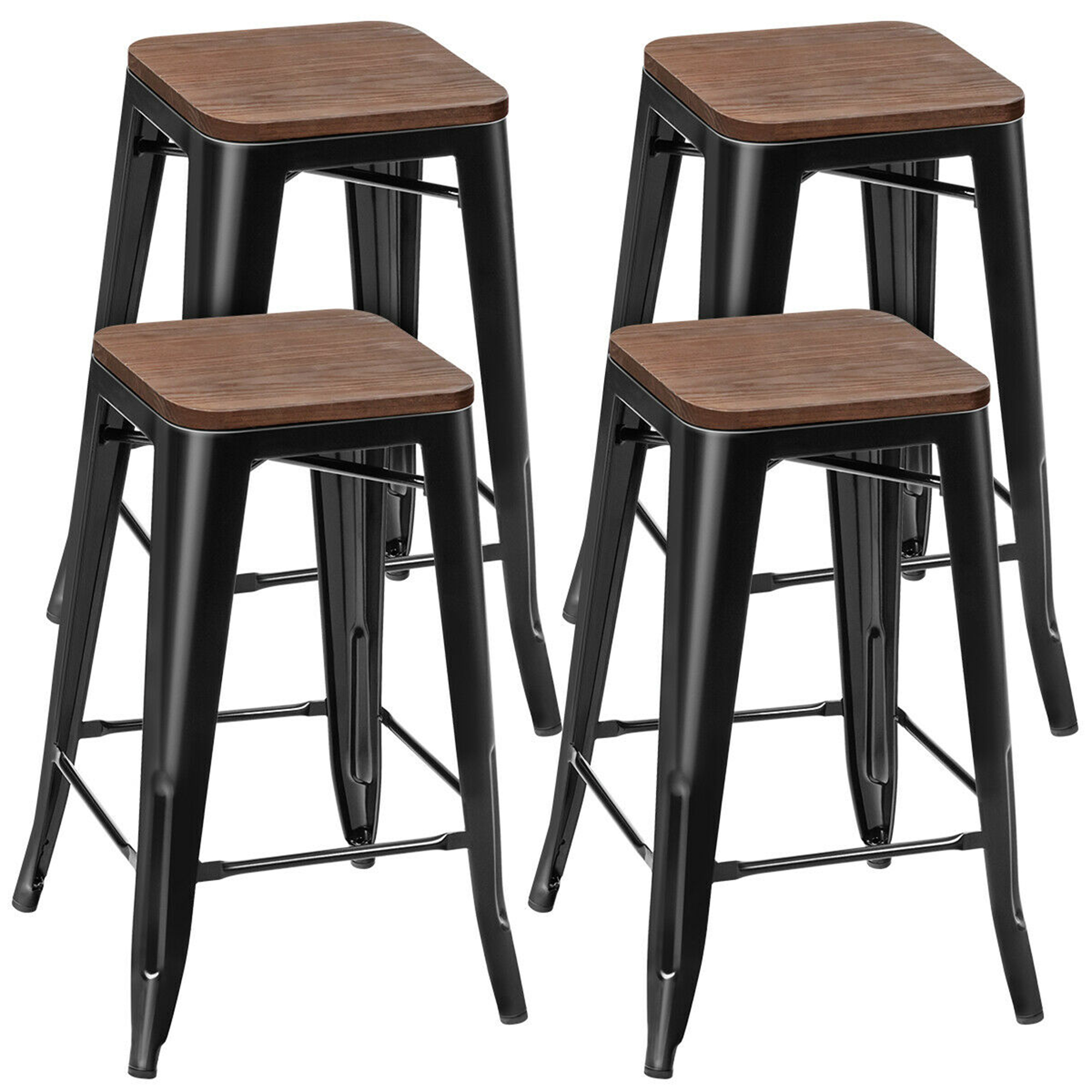 Mainstays 28"H Backless Stool Black Metal Base with Natural Wood Seat ...